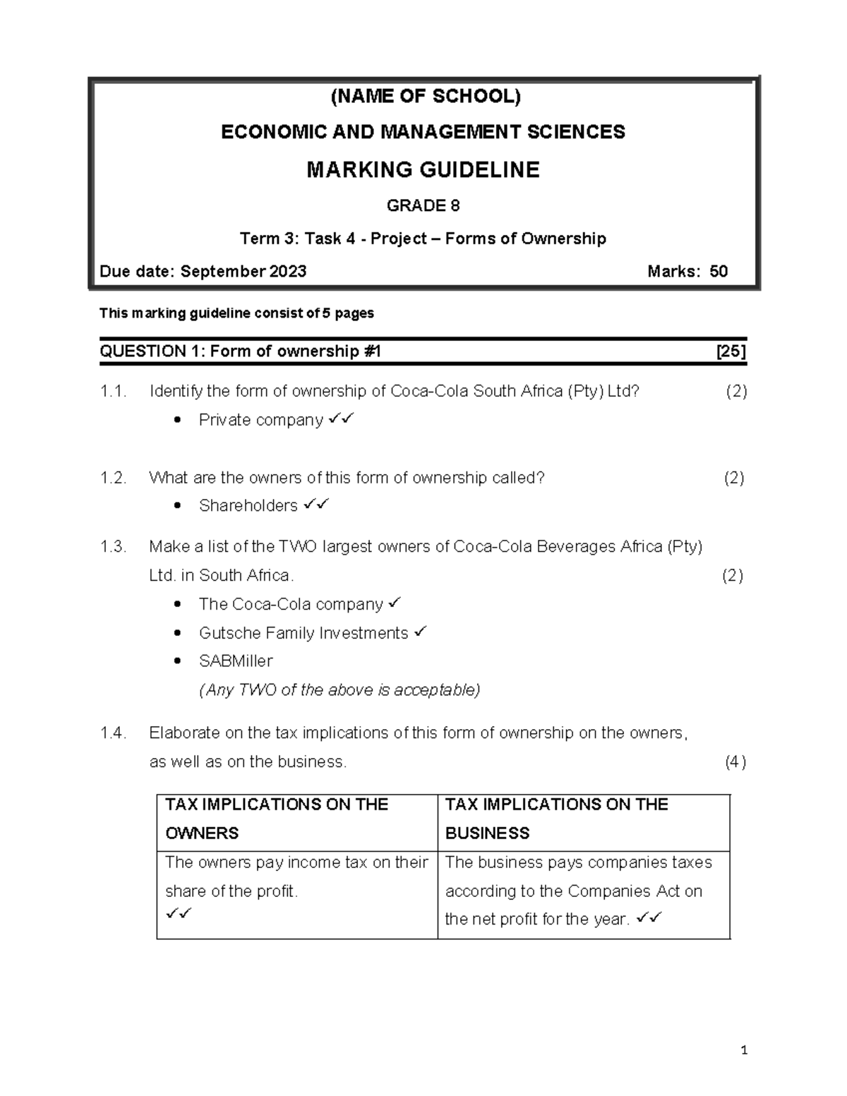 Forms of ownership - Ems grade 8 - (NAME OF SCHOOL) ECONOMIC AND ...