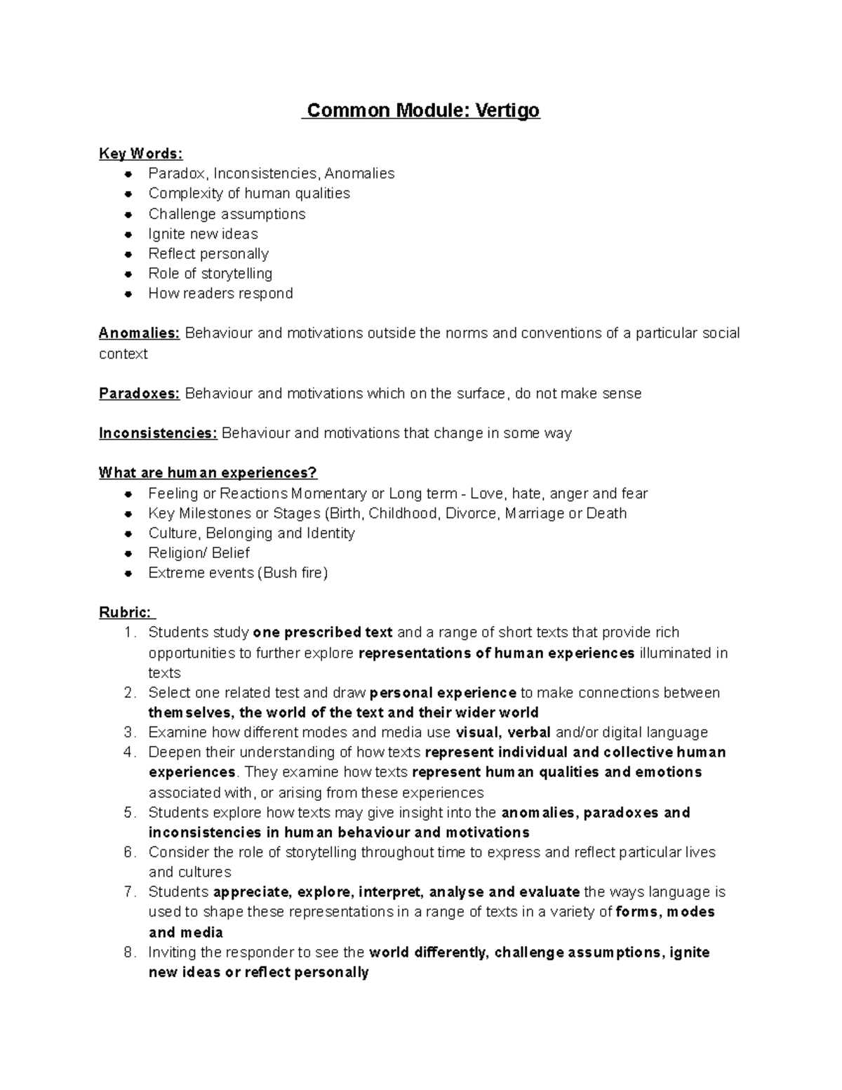 Copy of Common Module Vertigo - Common Module: Vertigo Key Words ...