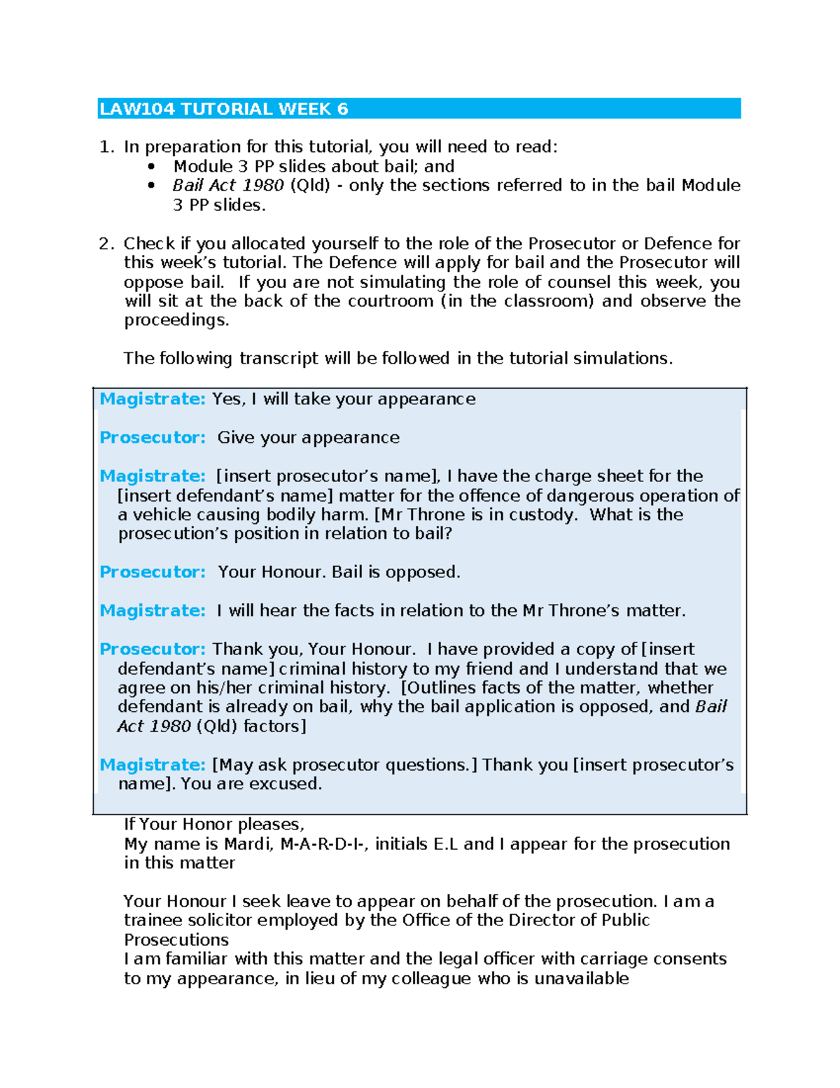 LAW104 Week 6 Tutorial - Simulations on Dangerous Driving Causing GBH ...