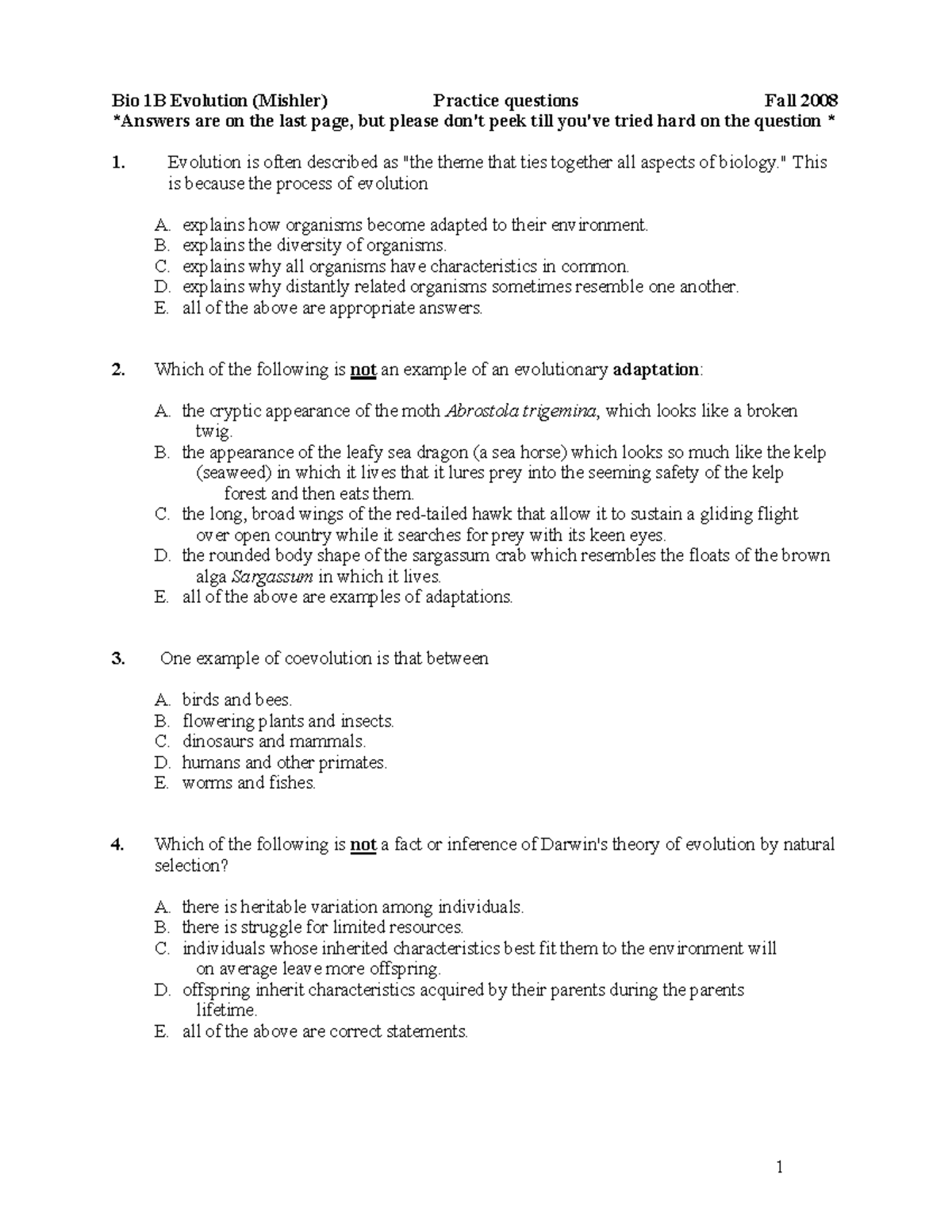 Evolution Test Practice Questions - **Bio 1B Evolution (Mishler ...