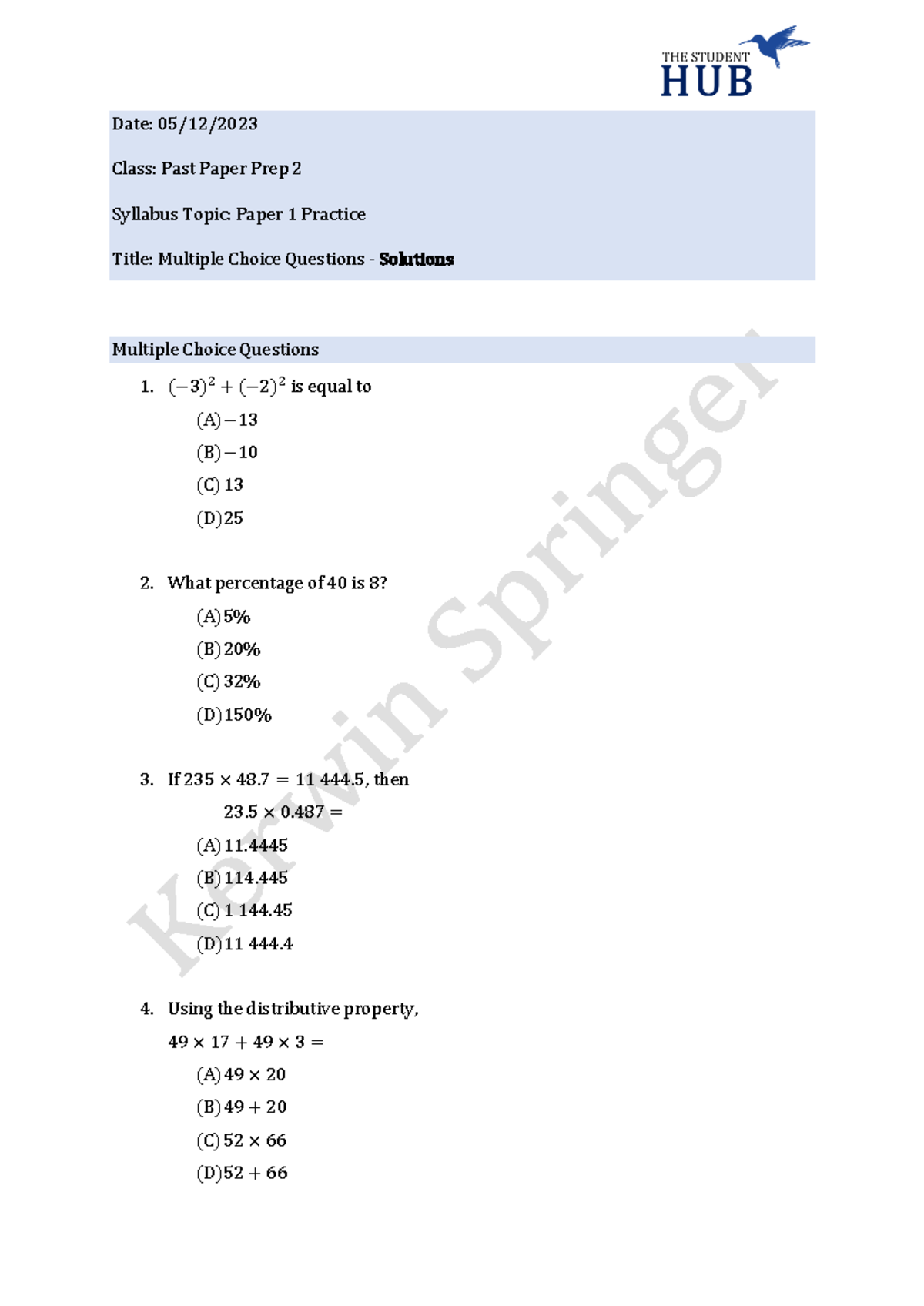 Past Paper Prep - Session 2 - Solutions - Date: 05/12/ Class: Past ...
