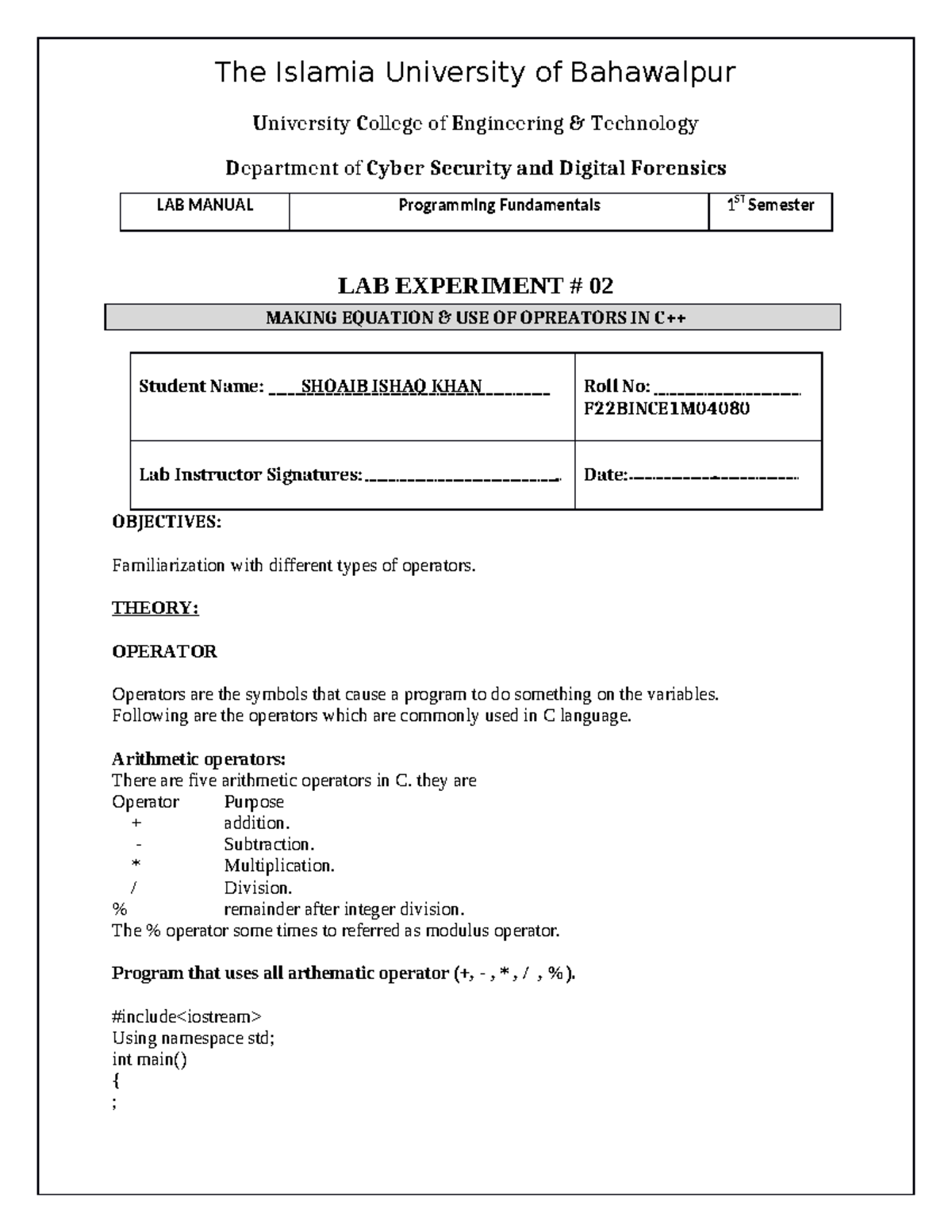 Shoaib program lab2 - ICT lab report 2 - U niversity C ollege of E ngineering & T echnology D ...