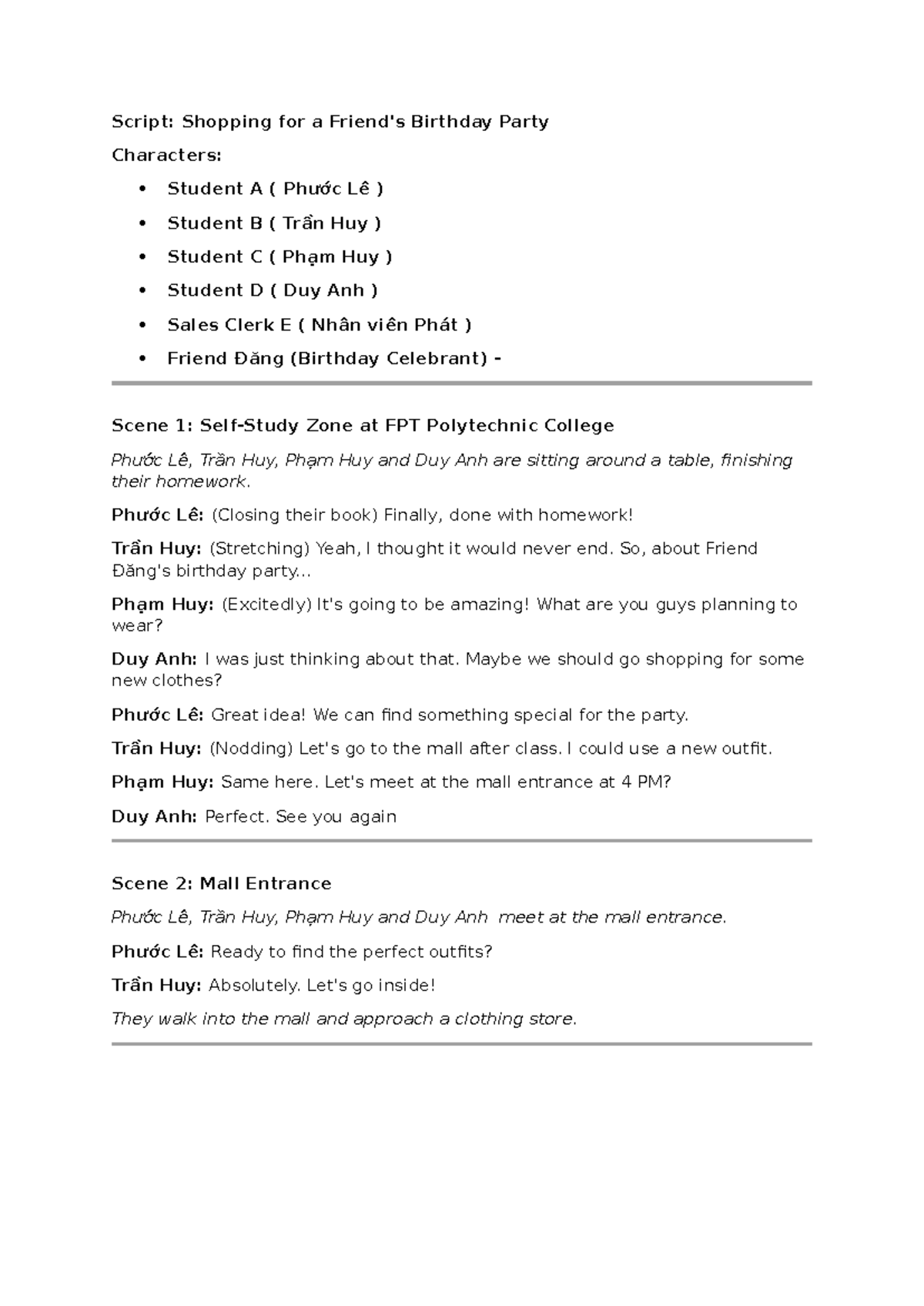 Mini project ( ENT 1 - hello - Script: Shopping for a Friend's Birthday ...