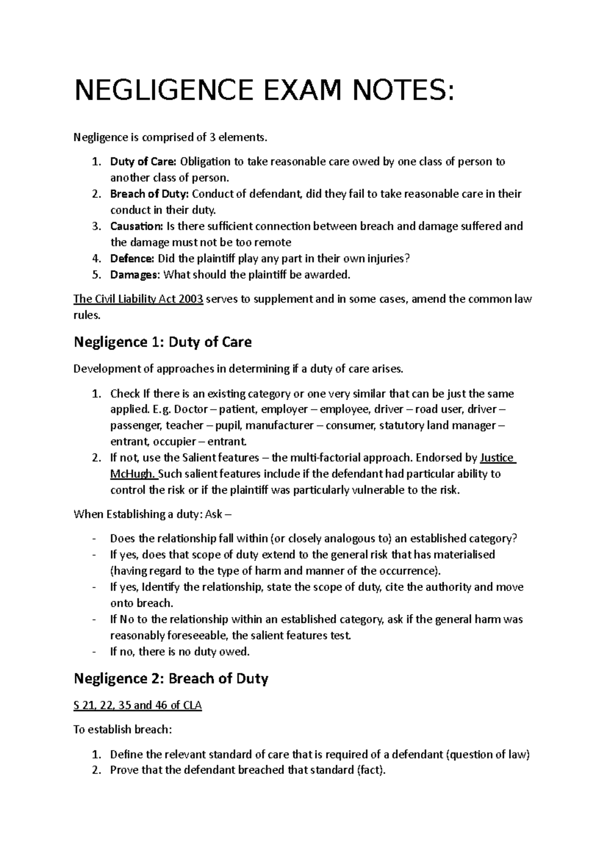Negligence EXAM Notes - NEGLIGENCE EXAM NOTES: Negligence is comprised ...