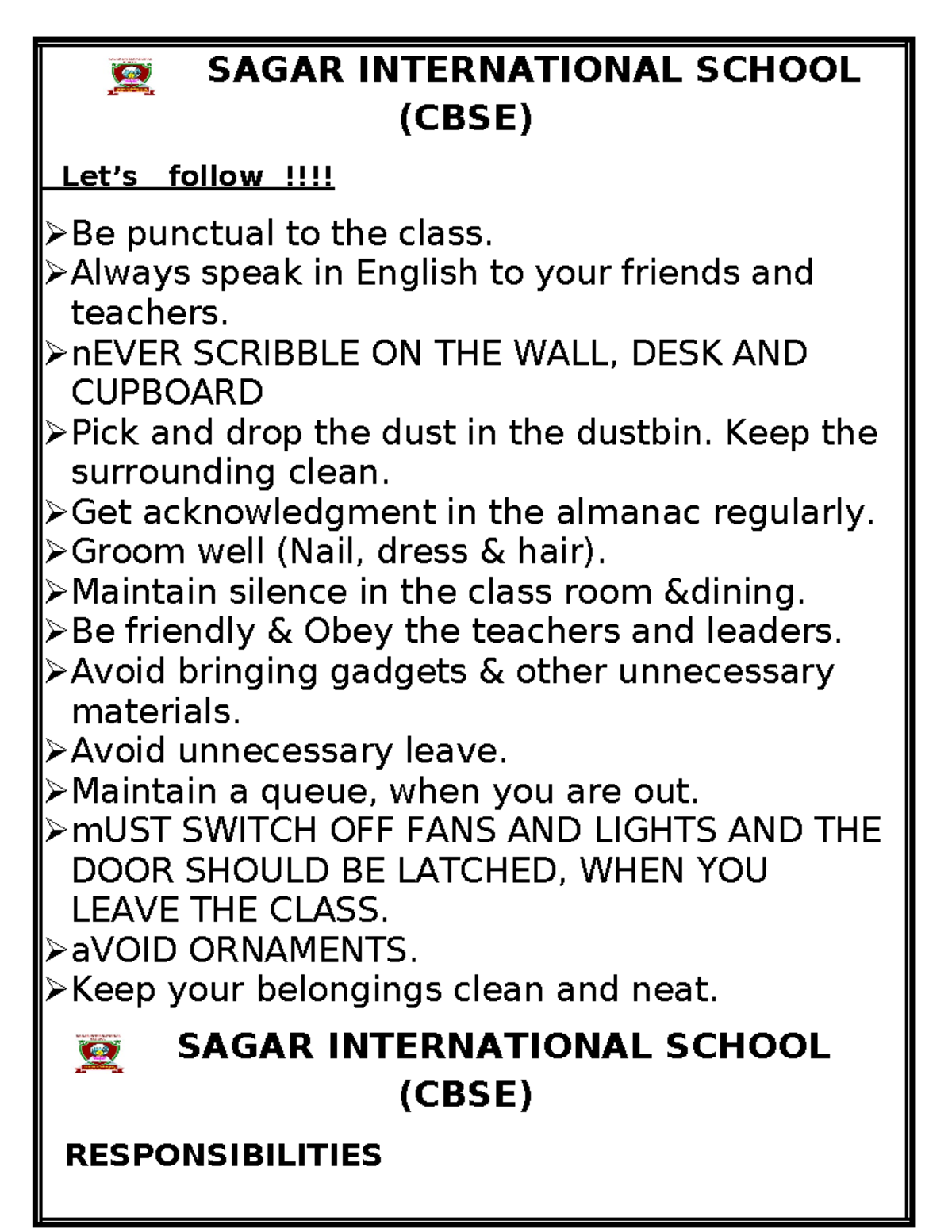 Classroom Rules - vbjh - SAGAR INTERNATIONAL SCHOOL (CBSE) Let’s follow ...