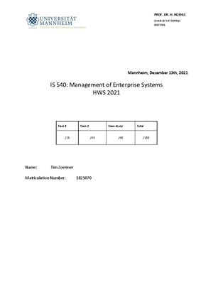 IS540 First Exam paper - PROF. DR. H. HOEHLE CHAIR OF ENTERPRISE ...