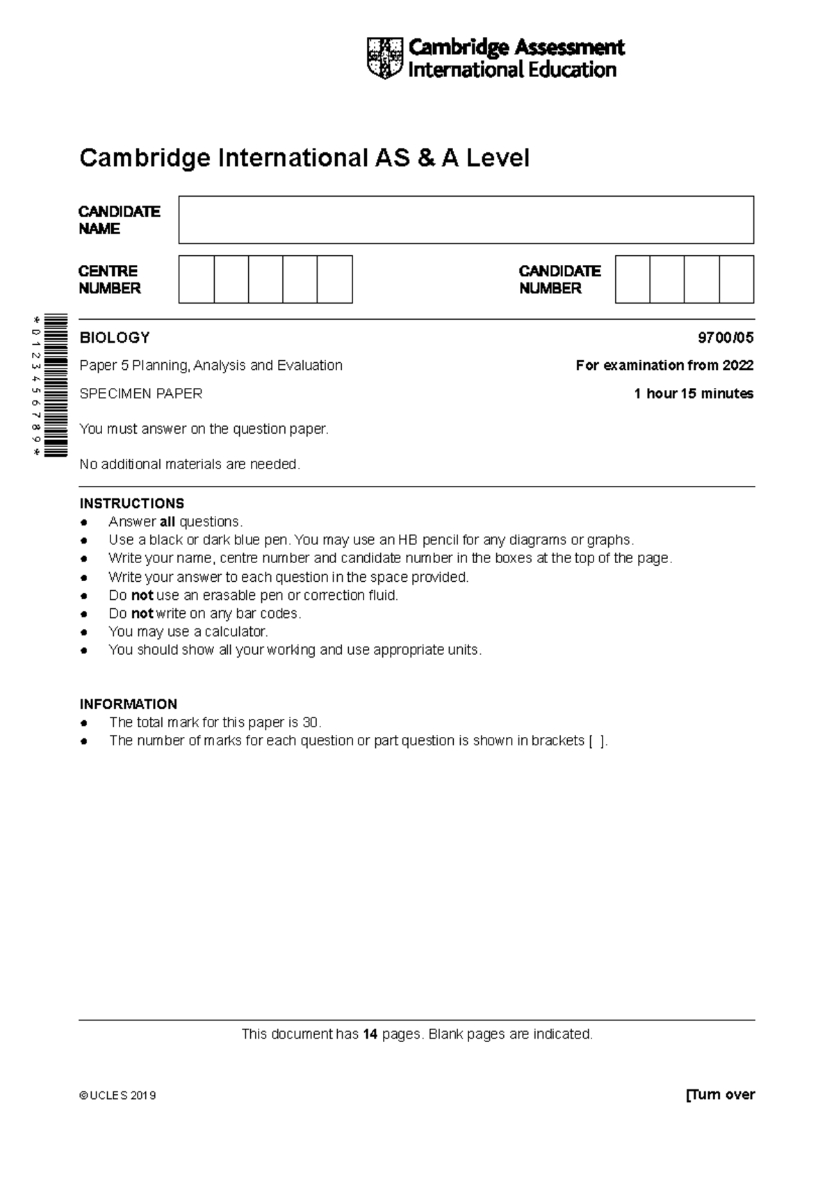 554302 2022 specimen paper 5 - BIOLOGY 9700/ Paper 5 Planning, Analysis and Evaluation For - Studocu