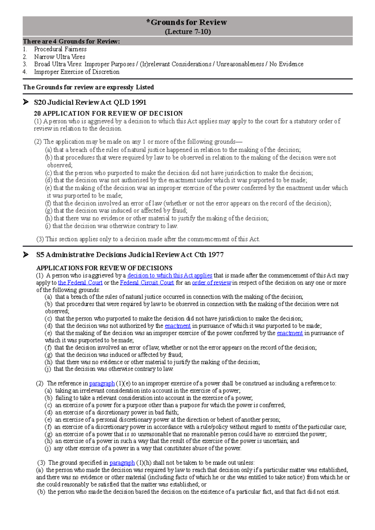 Grounds for Review: Procedural Fairness Ultra Vires Improper Exercise ...