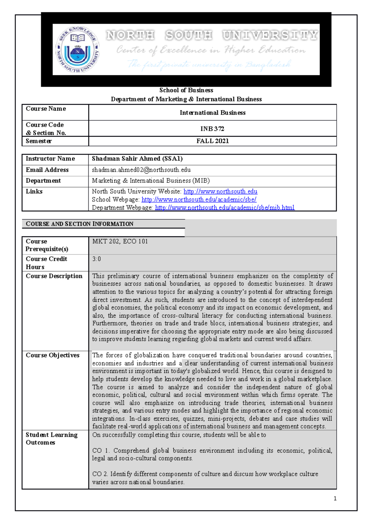 INB 372 Course Outline FALL 2021 - School of Business Department of ...
