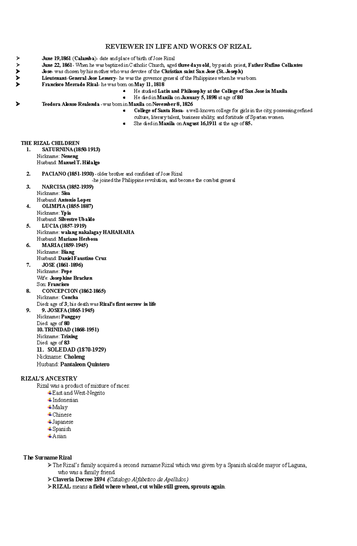 Reviewer IN LIFE AND Works OF Rizal - REVIEWER IN LIFE AND WORKS OF ...