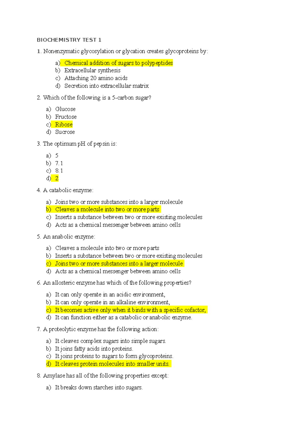 Biochemistry TEST 1 - BIOCHEMISTRY TEST 1 1. Nonenzymatic glycosylation ...