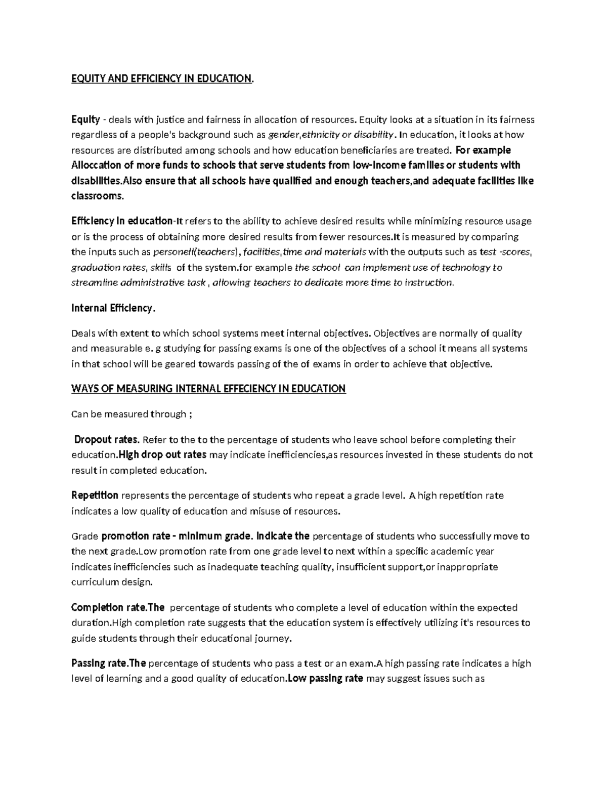 Equity Final - EQUITY AND EFFICIENCY IN EDUCATION. Equity - deals with ...