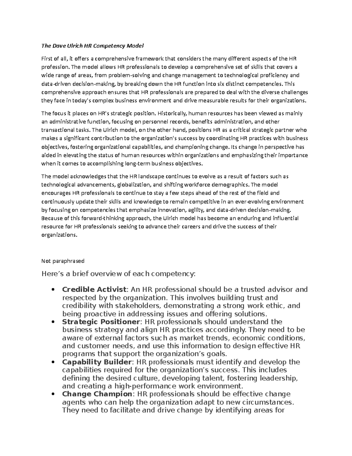 Theories - The Dave Ulrich HR Competency Model First of all, it offers ...