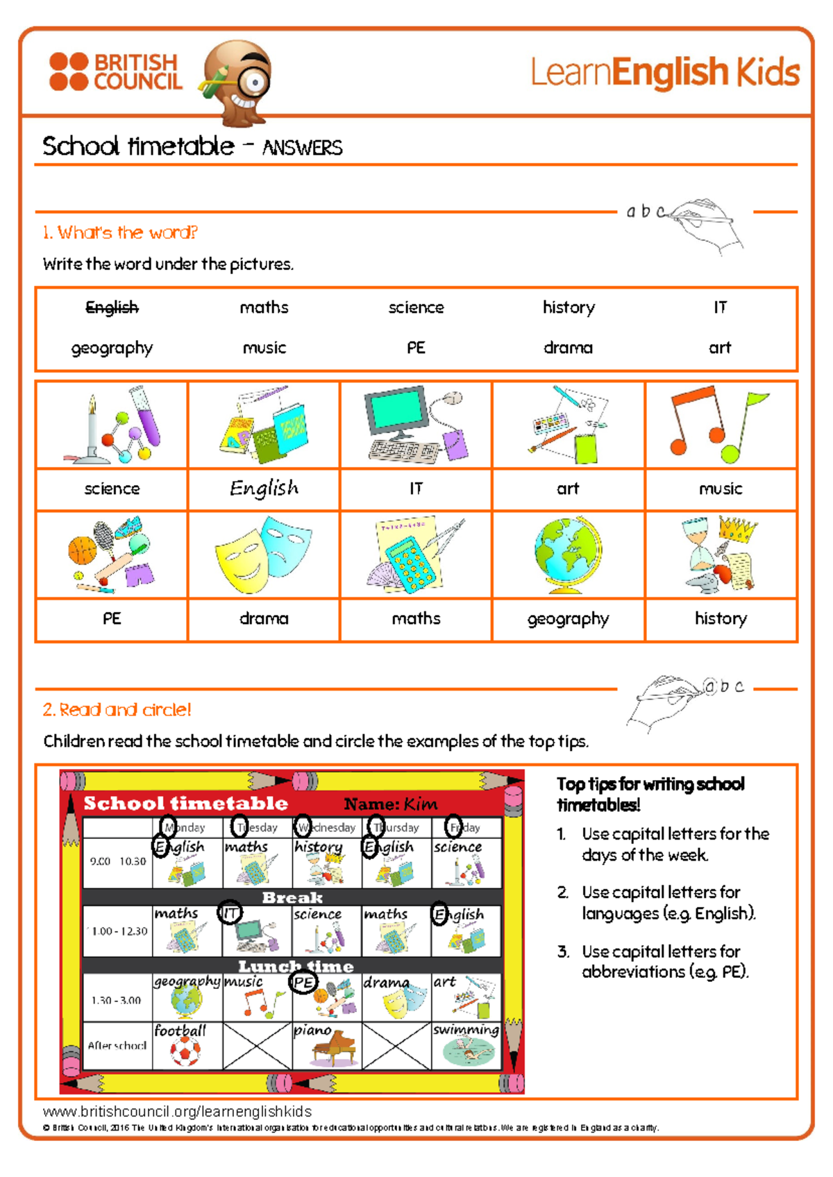Writing practice school timetable answers - britishcouncil ...