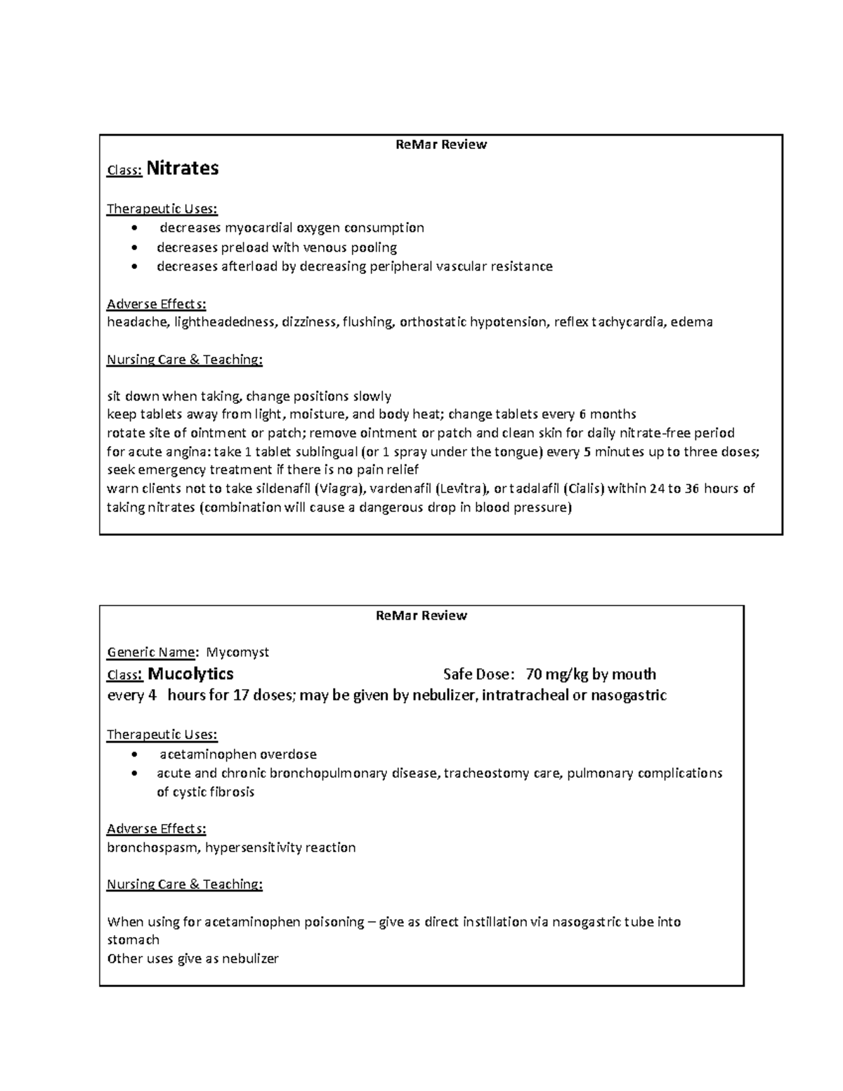 Remar Drug Cards 1 Nclex Nursing Resources - Class: Nitrates ...