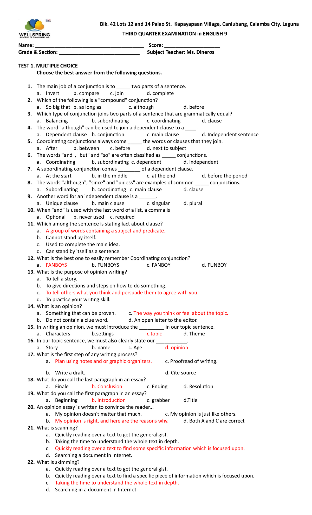Grade 9- English ktc - with key to correction - THIRD QUARTER ...