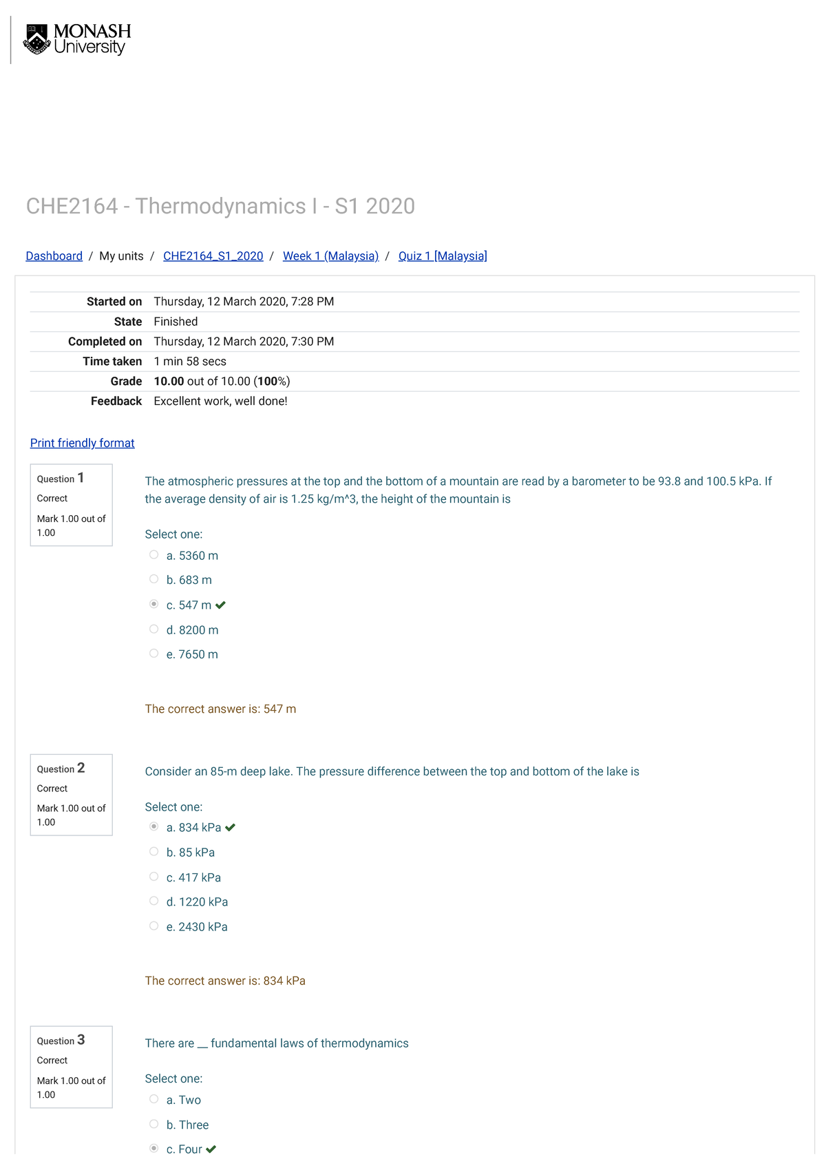 Quiz 1 - / Dashboard / My units / CHE2164_S1_2020/ Week 1 (Malaysia ...