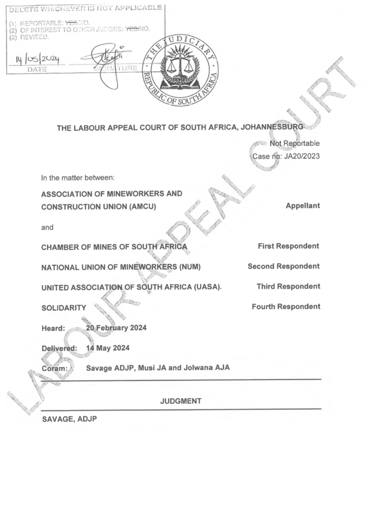 AMCU case - CASELAW - DELETE WHICHEVER IS NOT APPLICABLE (i) REPORTABLE ...