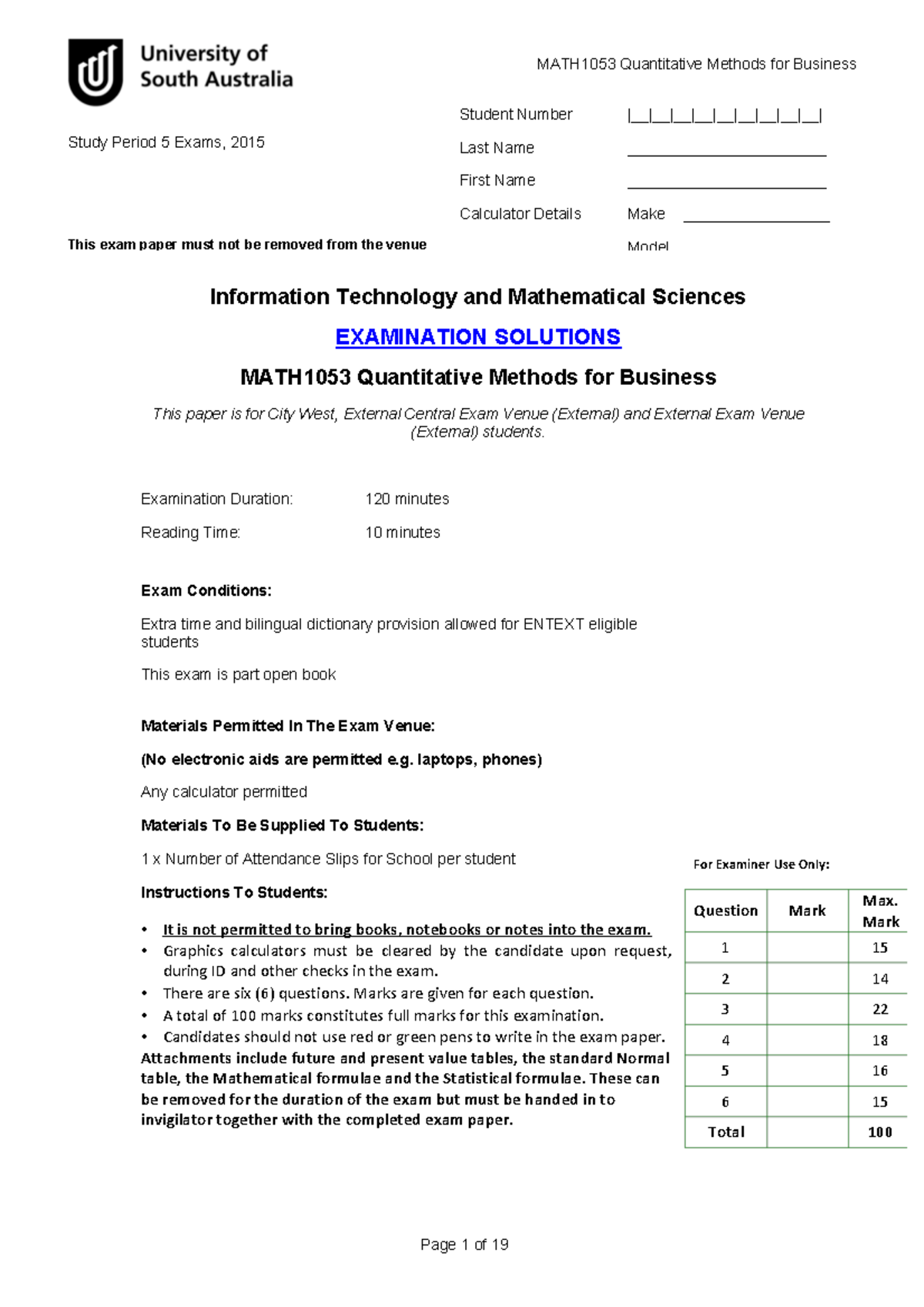 MATH 1053 QMB Exam (SP5 2015 ) Solutions - Information Technology and Mathematical Sciences ...