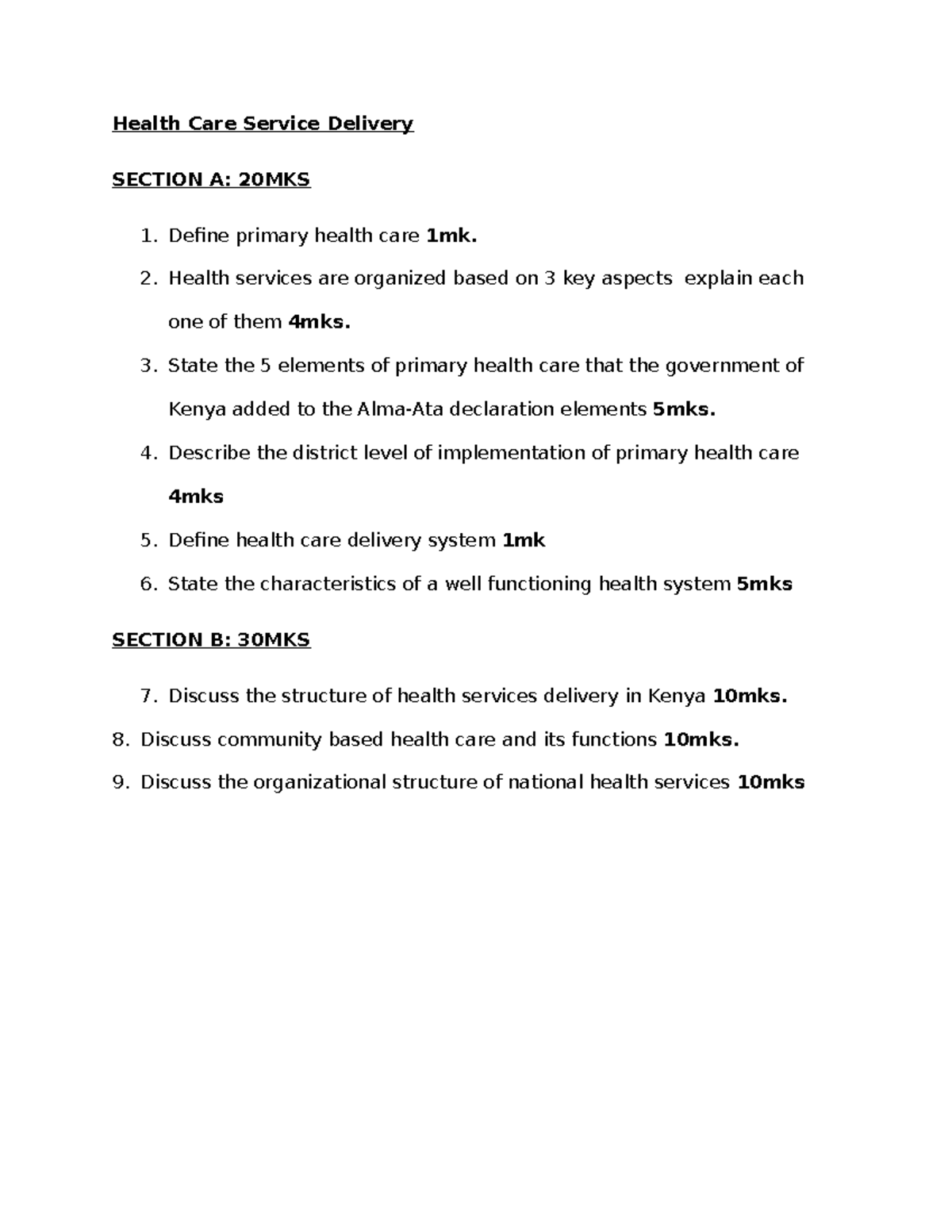 Health care - notes - Health Care Service Delivery SECTION A: 20MKS 1 ...