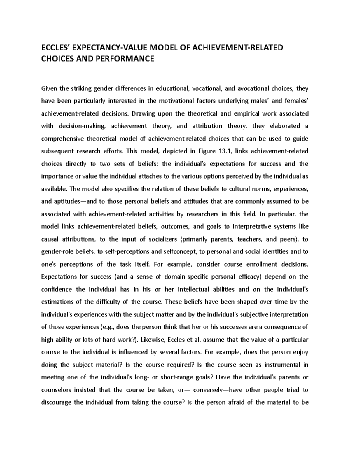 Eccles’ Expectancy- Value Model OF Achievement- Related Choices AND ...