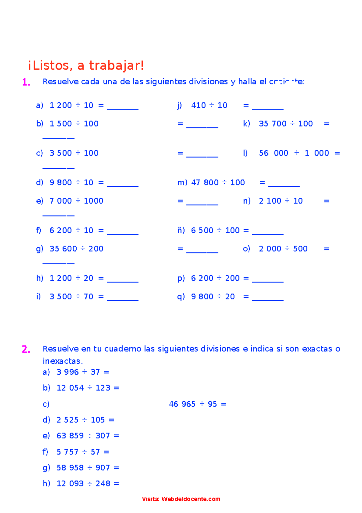 Ejercicios de División para Cuarto Grado de Primaria - ¡Listos, a ...