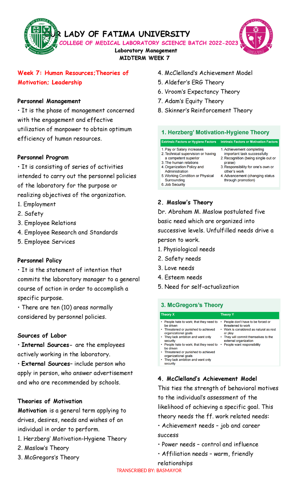 WEEK 7 Human Resource Management - OUR LADY OF FATIMA UNIVERSITY COLLEGE OF MEDICAL LABORATORY ...
