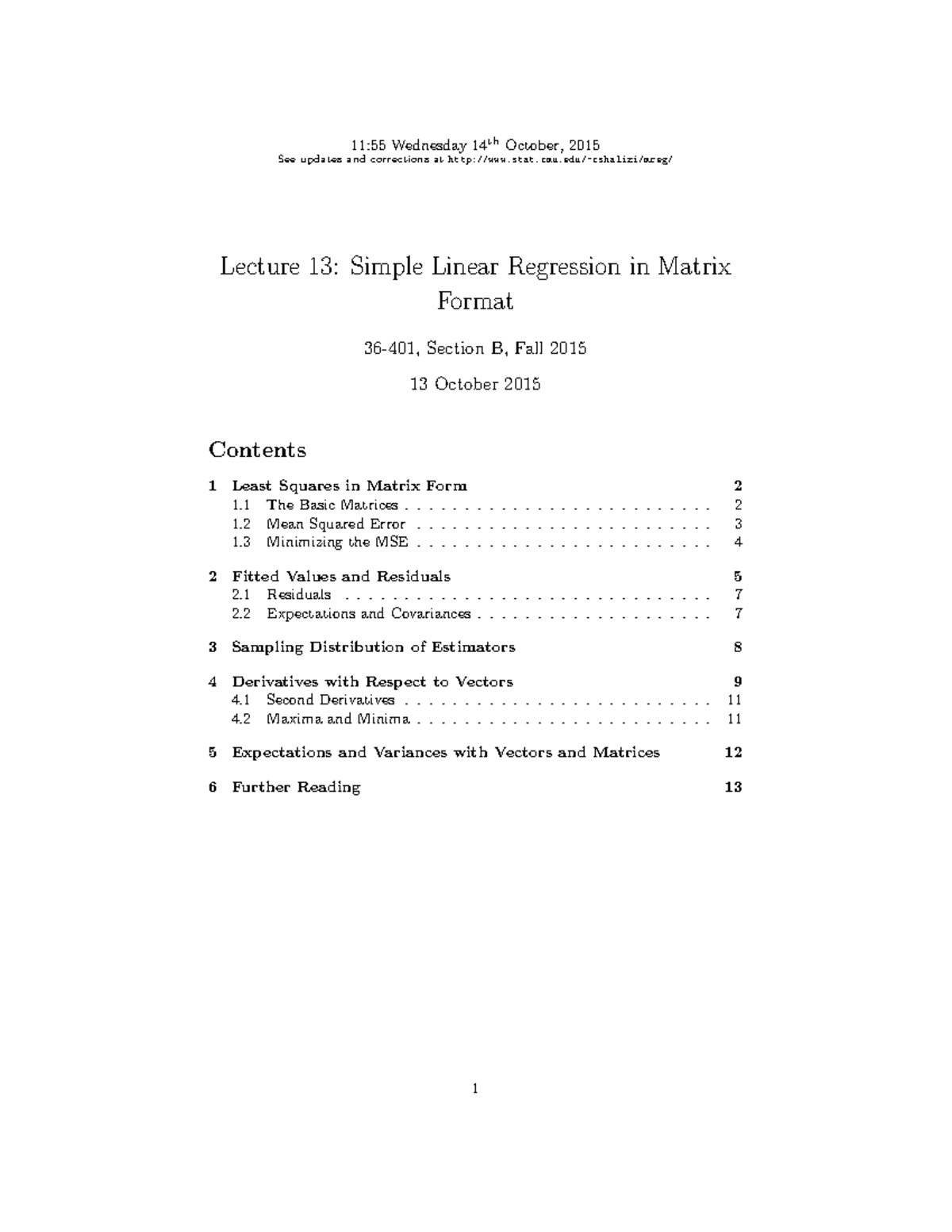 Linear regression in matrix form - See updates and corrections at stat ...