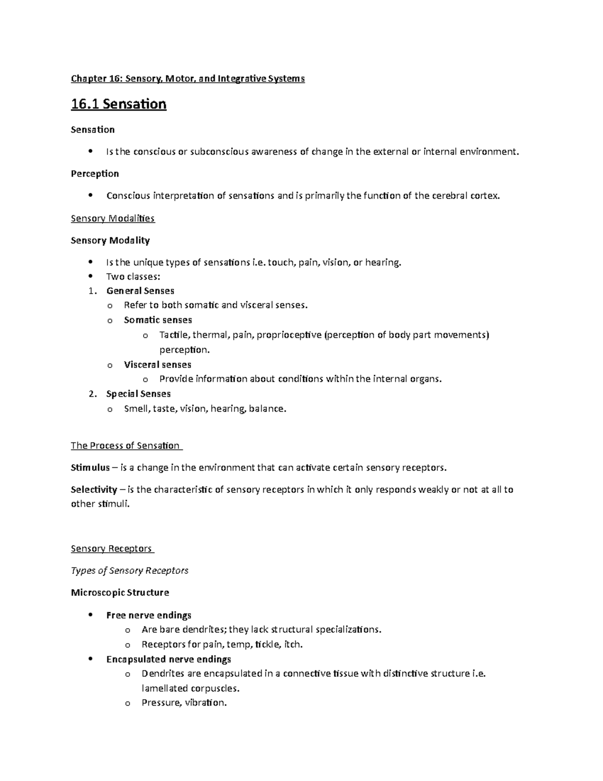 Chapter 16 (Sensory, Motor, and Integrative Systems) - Chapter 16 ...