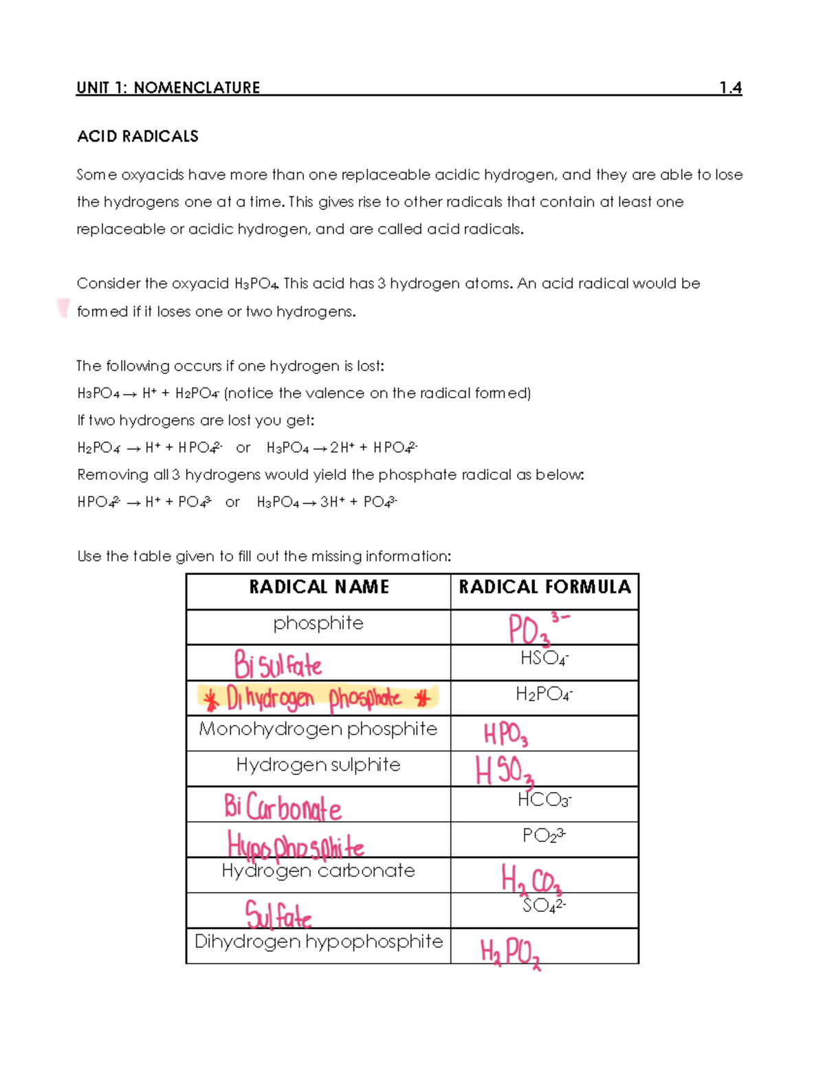 4- Acids AND Raidicals - Science - UNIT 1: NOMENCLATURE_______ ____ 1 ...