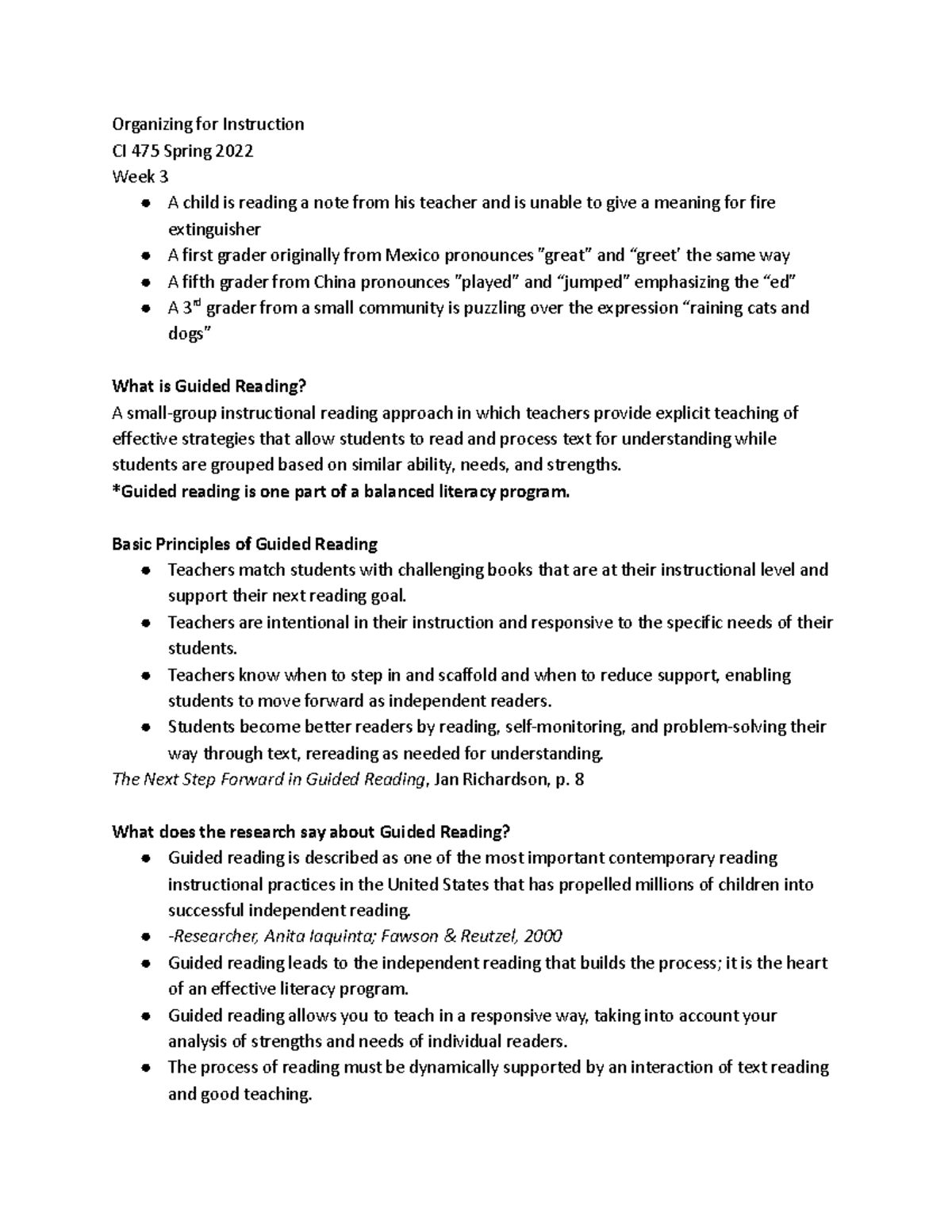 Organizing for Instruction Week 3 (class notes) CI 475 Spring 2022 ...