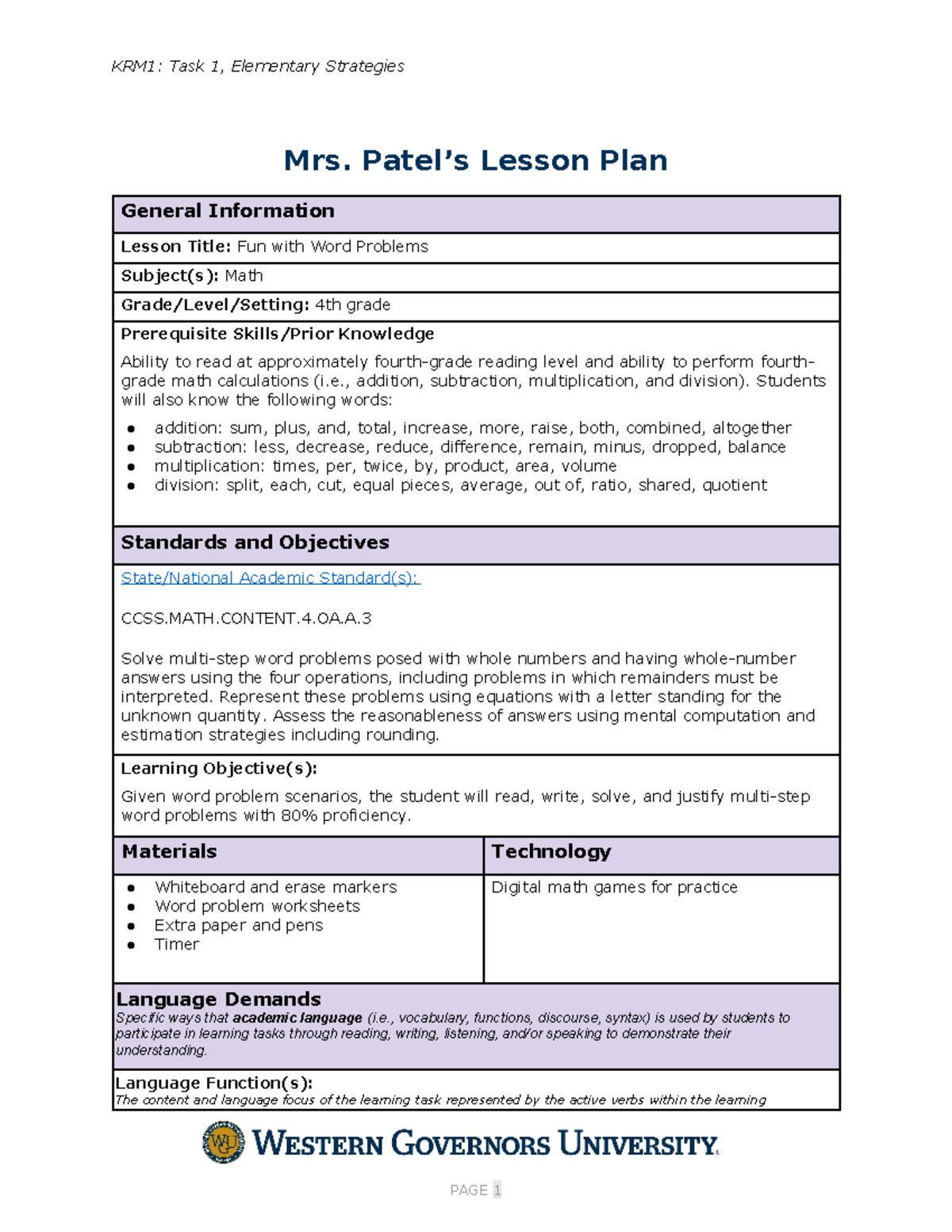 Task One Passed - KRM1: Task 1, Elementary Strategies Mrs. Patel’s ...