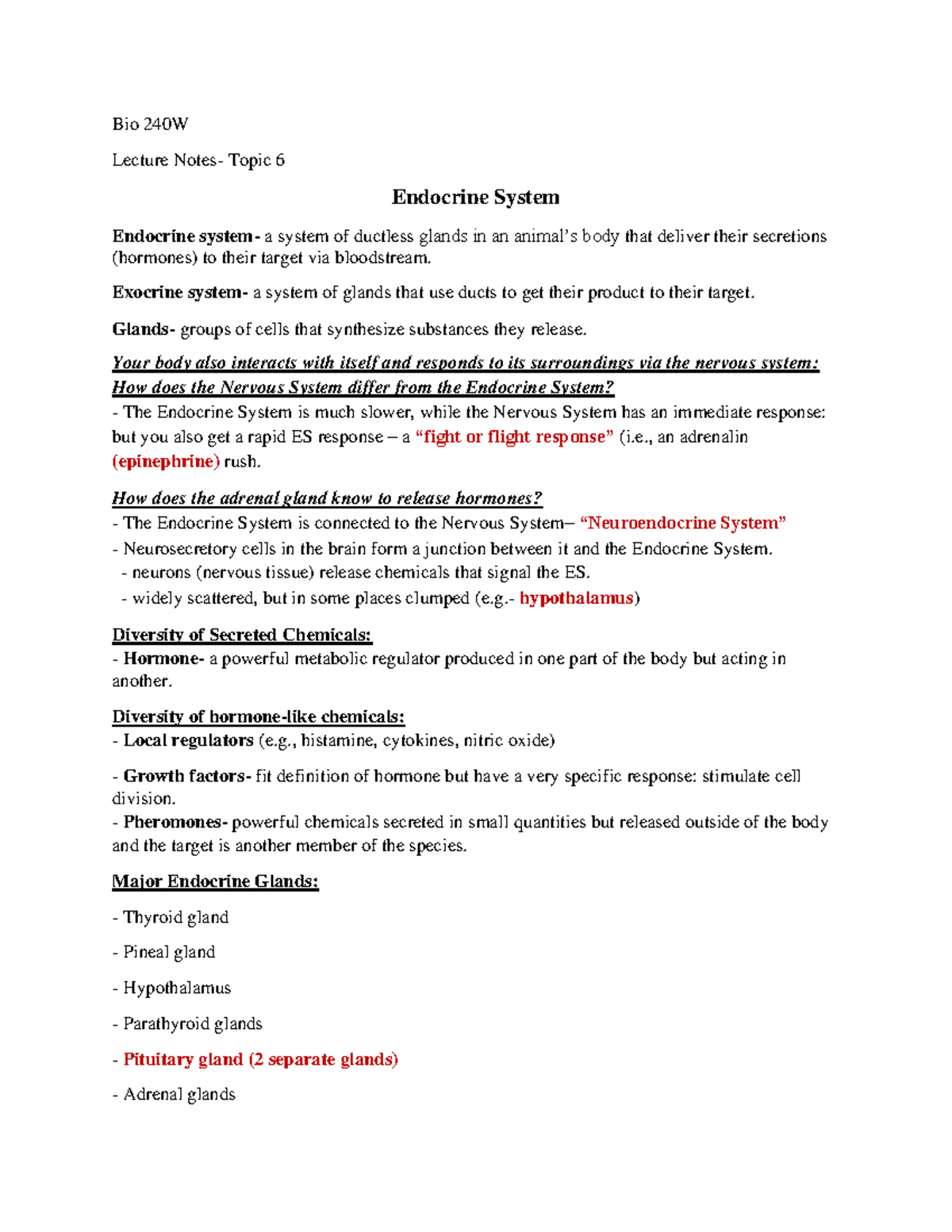 Endocrine System lecture notes - Bio 240W Lecture Notes- Topic 6 ...