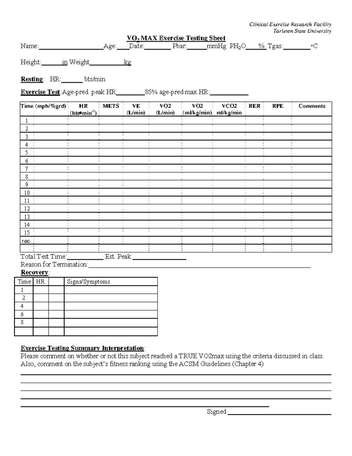 VO2max testing sheet ex. phys - Clinical Exercise Research Facility ...