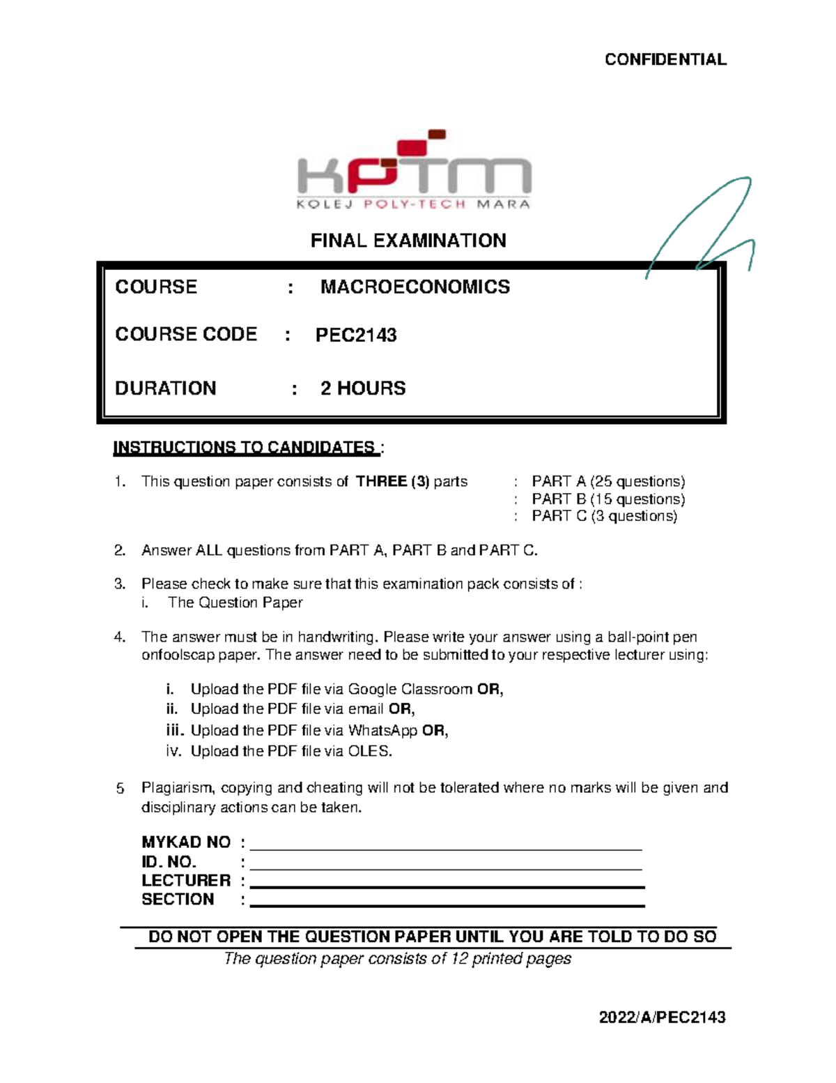 PEC2143 March 2022 SET A 230323 212100 - FINAL EXAMINATION INSTRUCTIONS ...