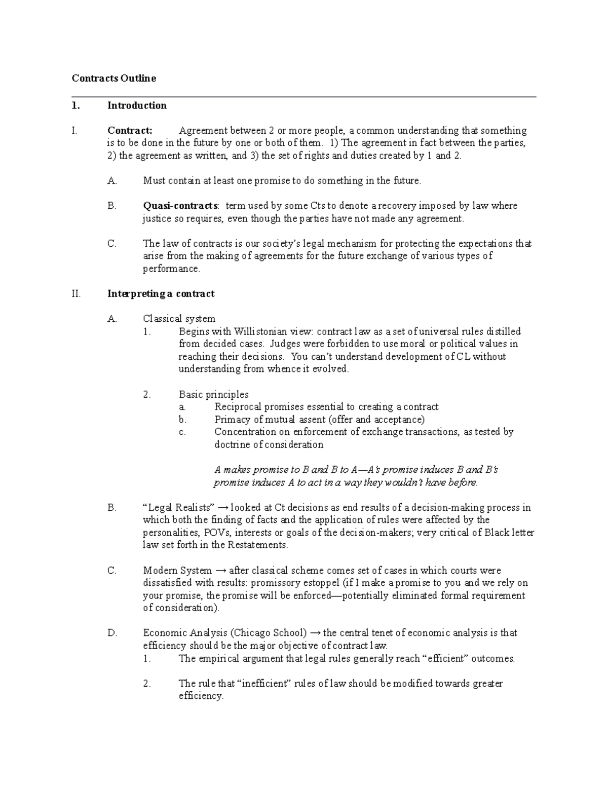 Contracts Law Outline - 2 - Contracts Outline Introduction I. Contract ...