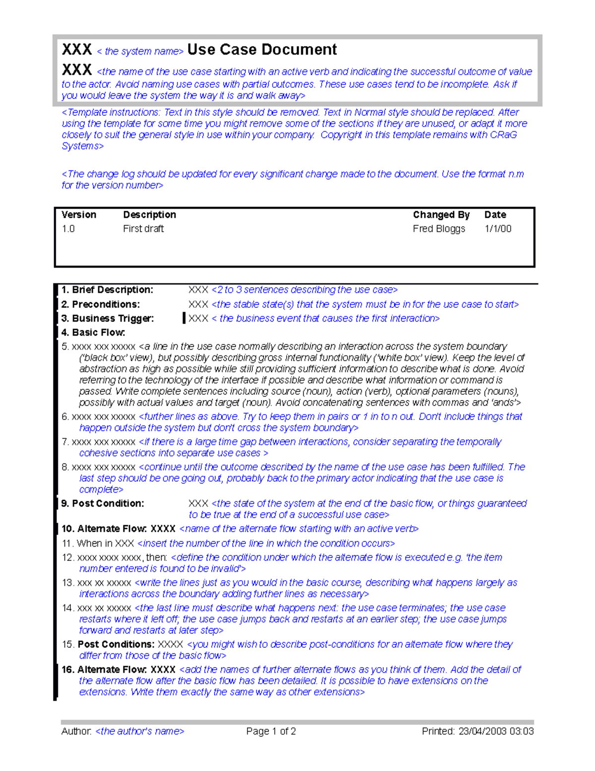 Use case document template - XXX Use Case Document XXX
