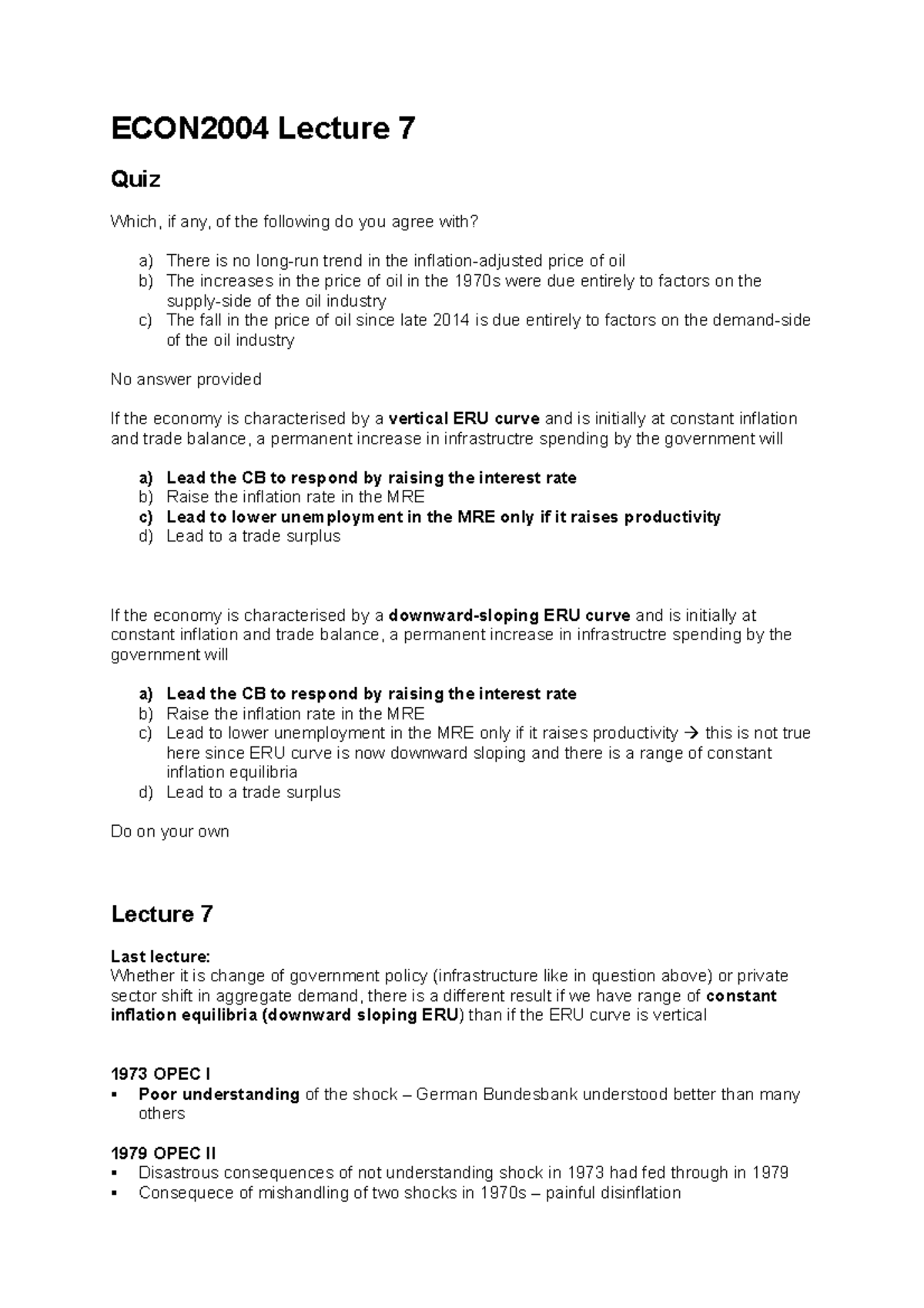 ECON2004 Term 2 Lecture 7 - ECON2004 Lecture 7 Quiz Which, if any, of the following do you agree ...