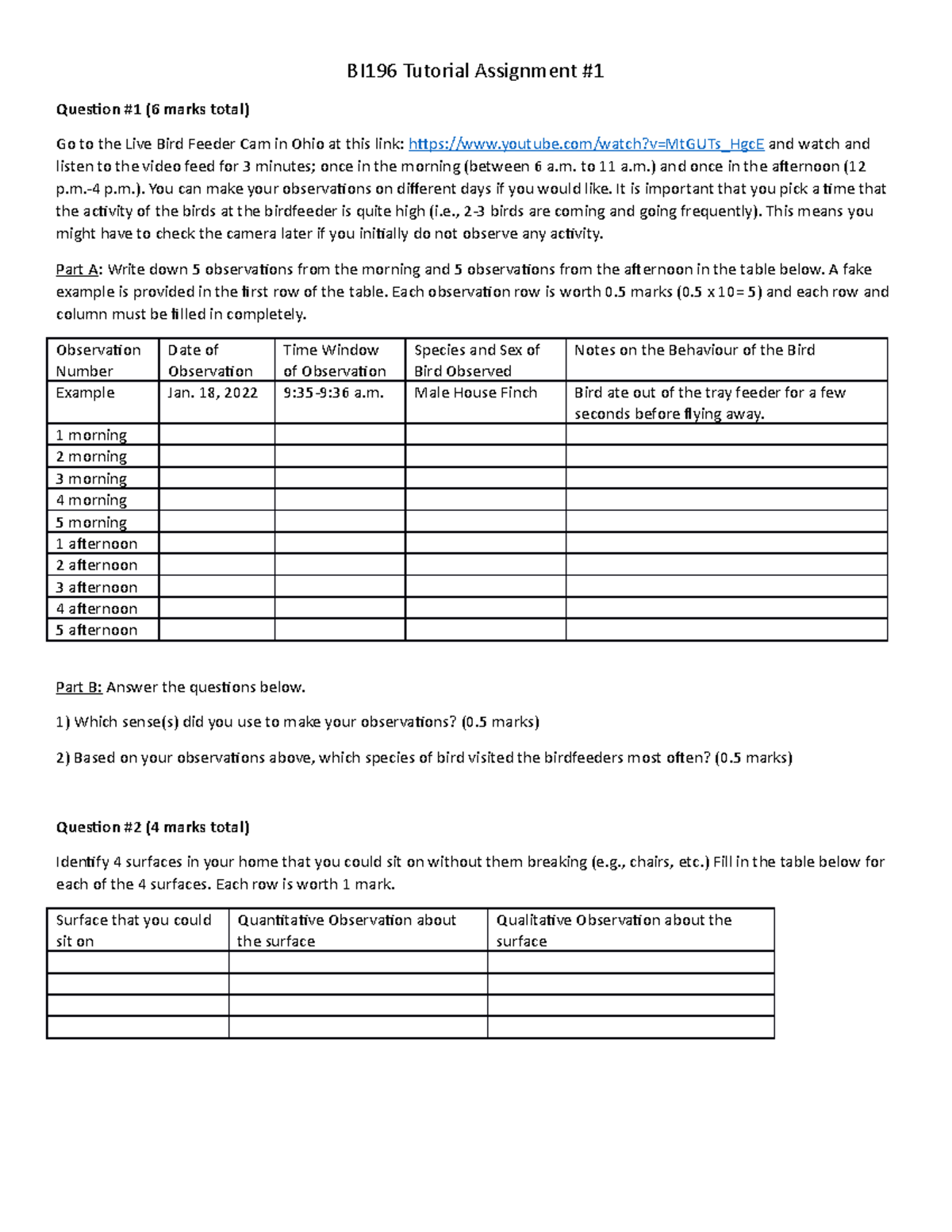 BI196 Tutorial Assignment 1 W2022 week 1 - BI196 Tutorial Assignment Question #1 (6 marks total ...