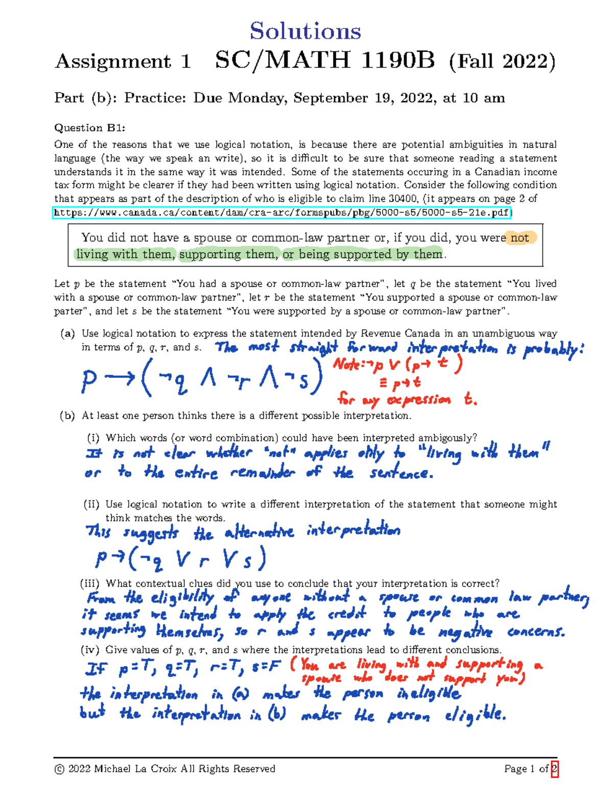 Assignment 1 - Solutions - Solutions Assignment 1 SC/MATH 1190B (Fall ...