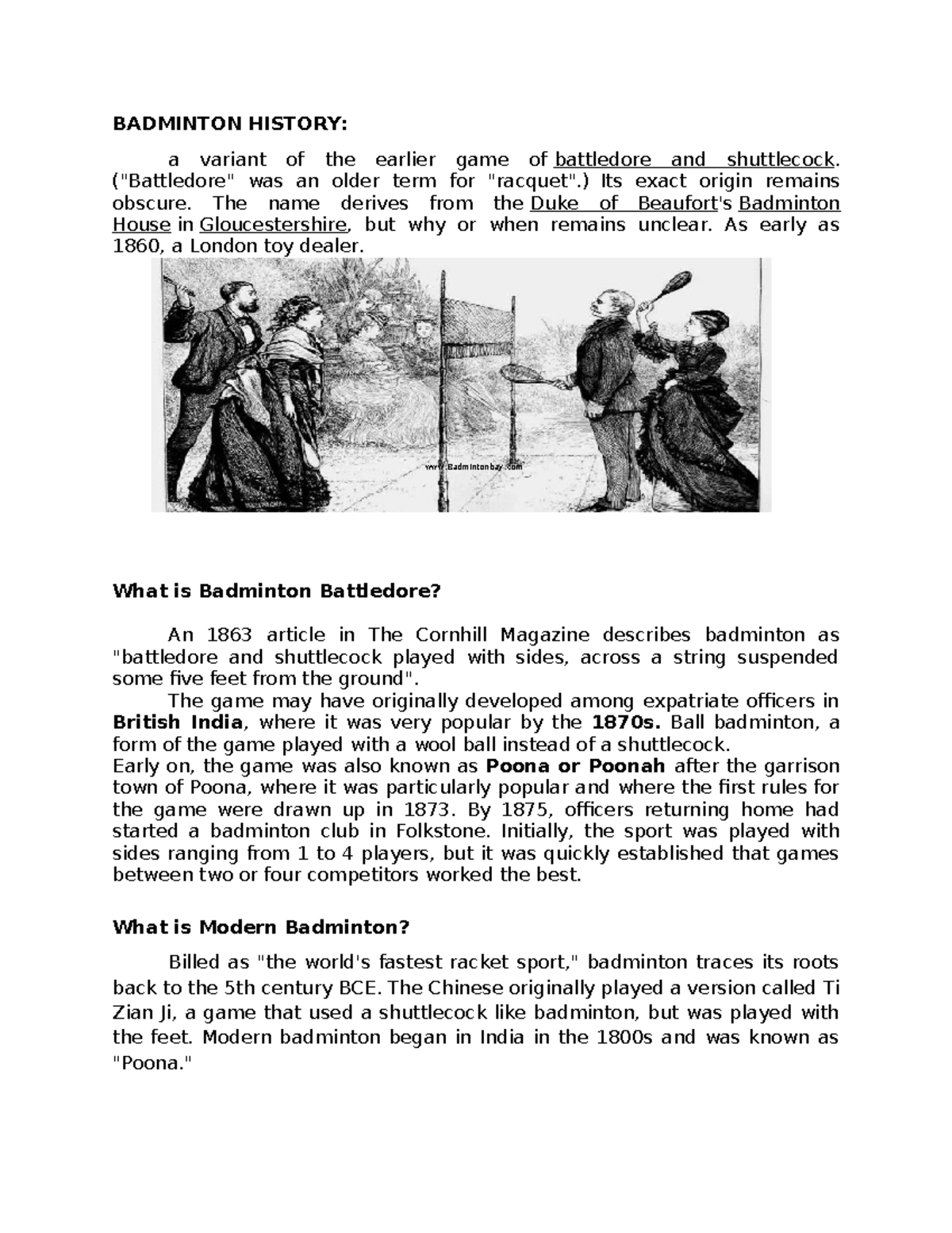 HOPE 4th Quarter Topics - BADMINTON HISTORY: a variant of the earlier ...