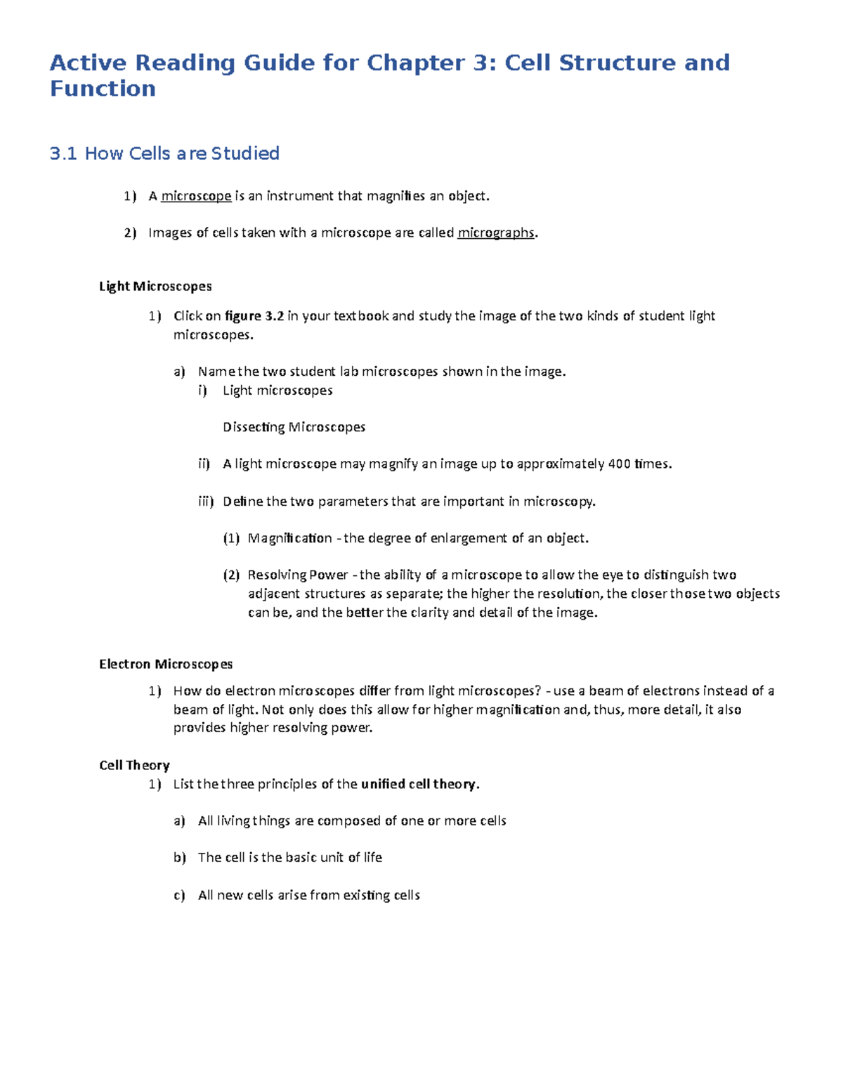 Chapter 3 ARG - N/A - Active Reading Guide for Chapter 3: Cell Structure and Function 3 How ...