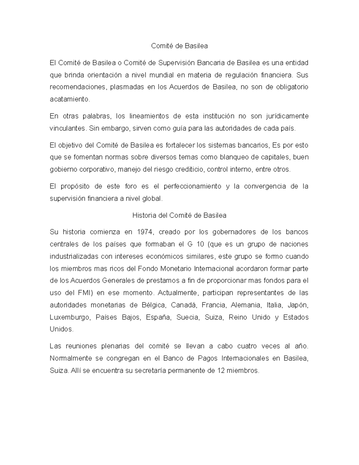 Comité de Basilea - resumen - Comité de Basilea El Comité de Basilea o ...