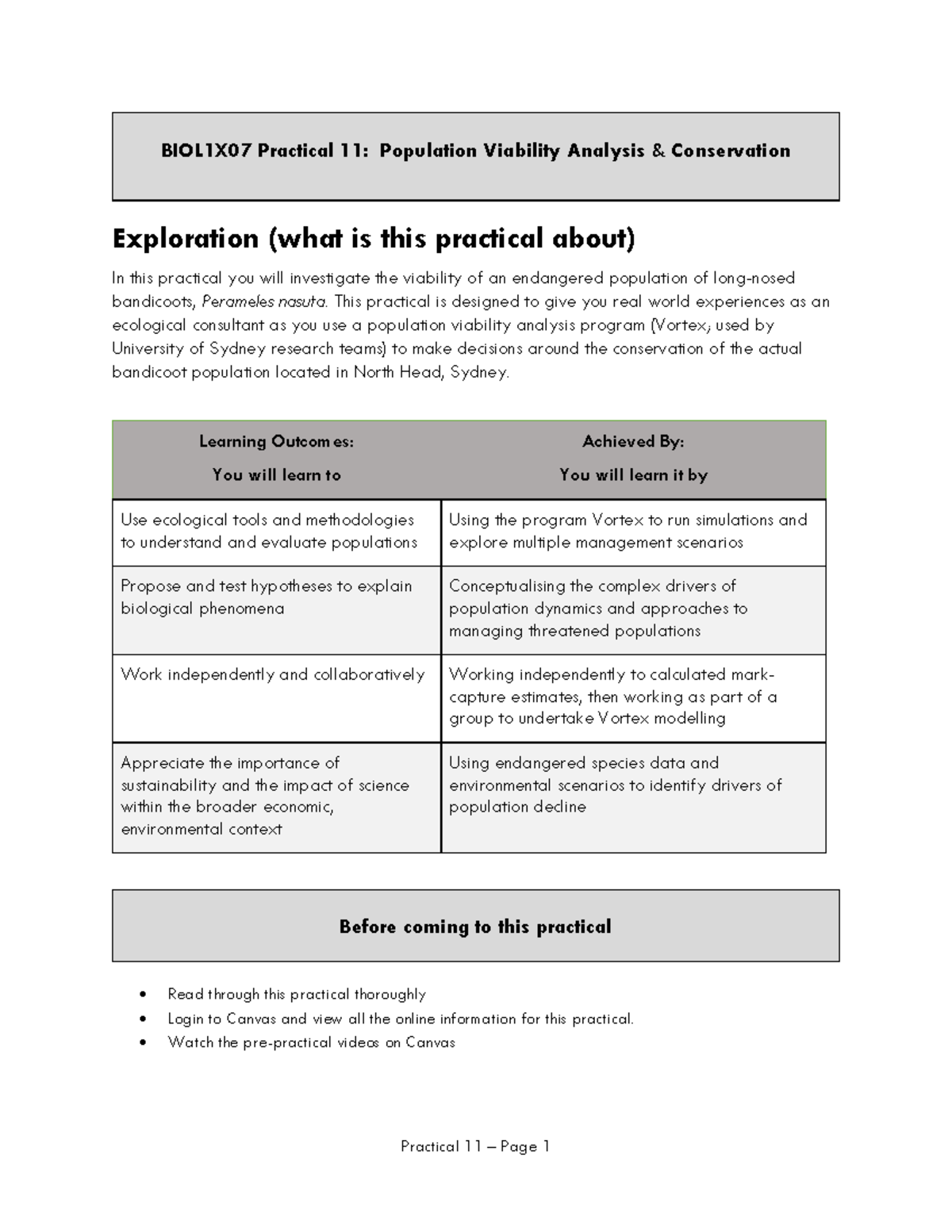 Practical 11 Manual - Lab - BIOL1X07 Practical 11: Population Viability Analysis & Conservation ...