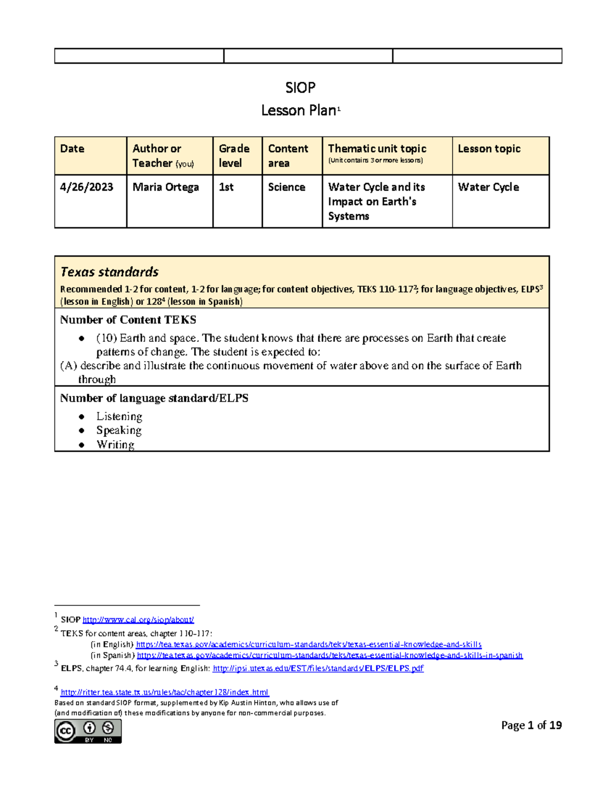 SIOP lesson plan - Based on standard SIOP format, supplemented by Kip ...