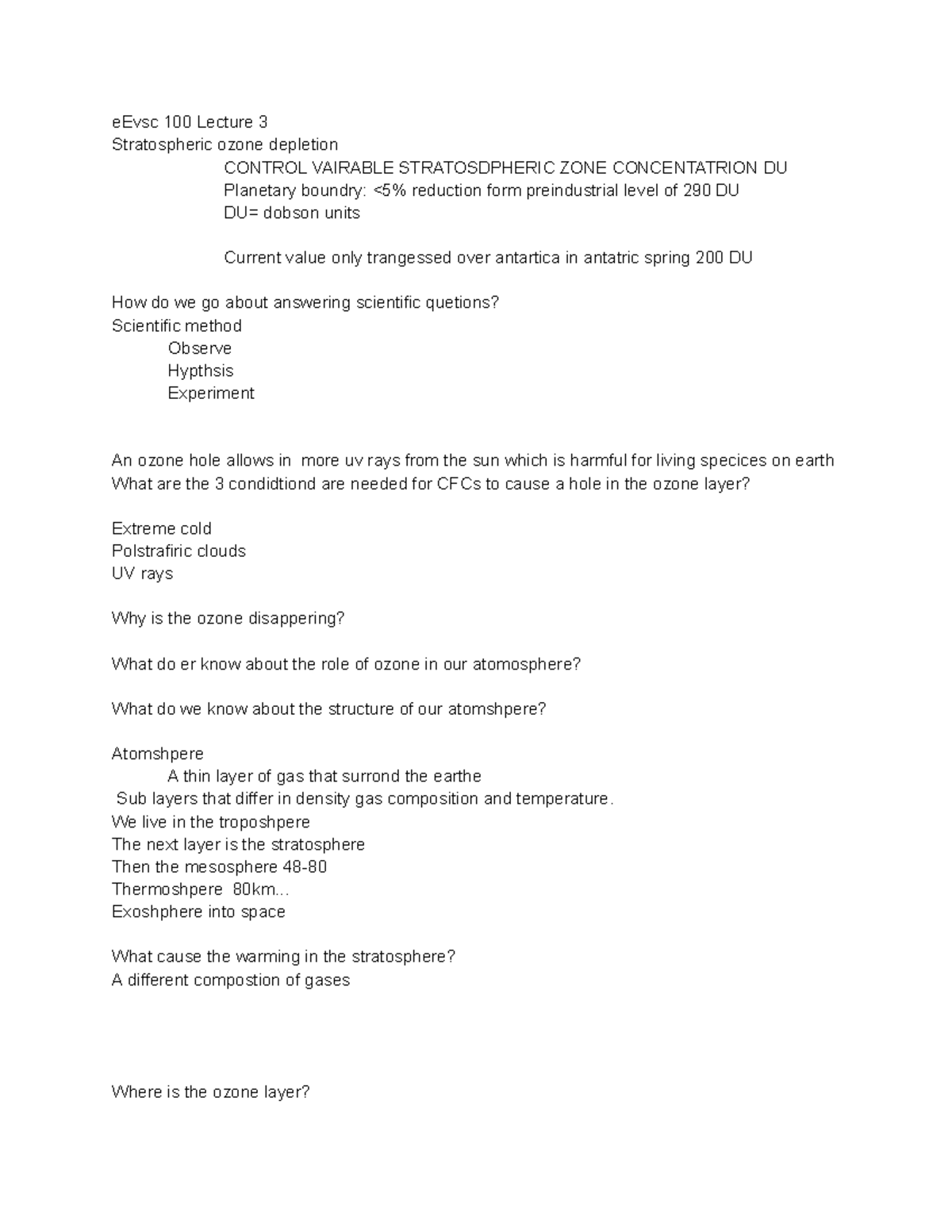 Evsc 100 Notes - Very brief - eEvsc 100 Lecture 3 Stratospheric ozone ...