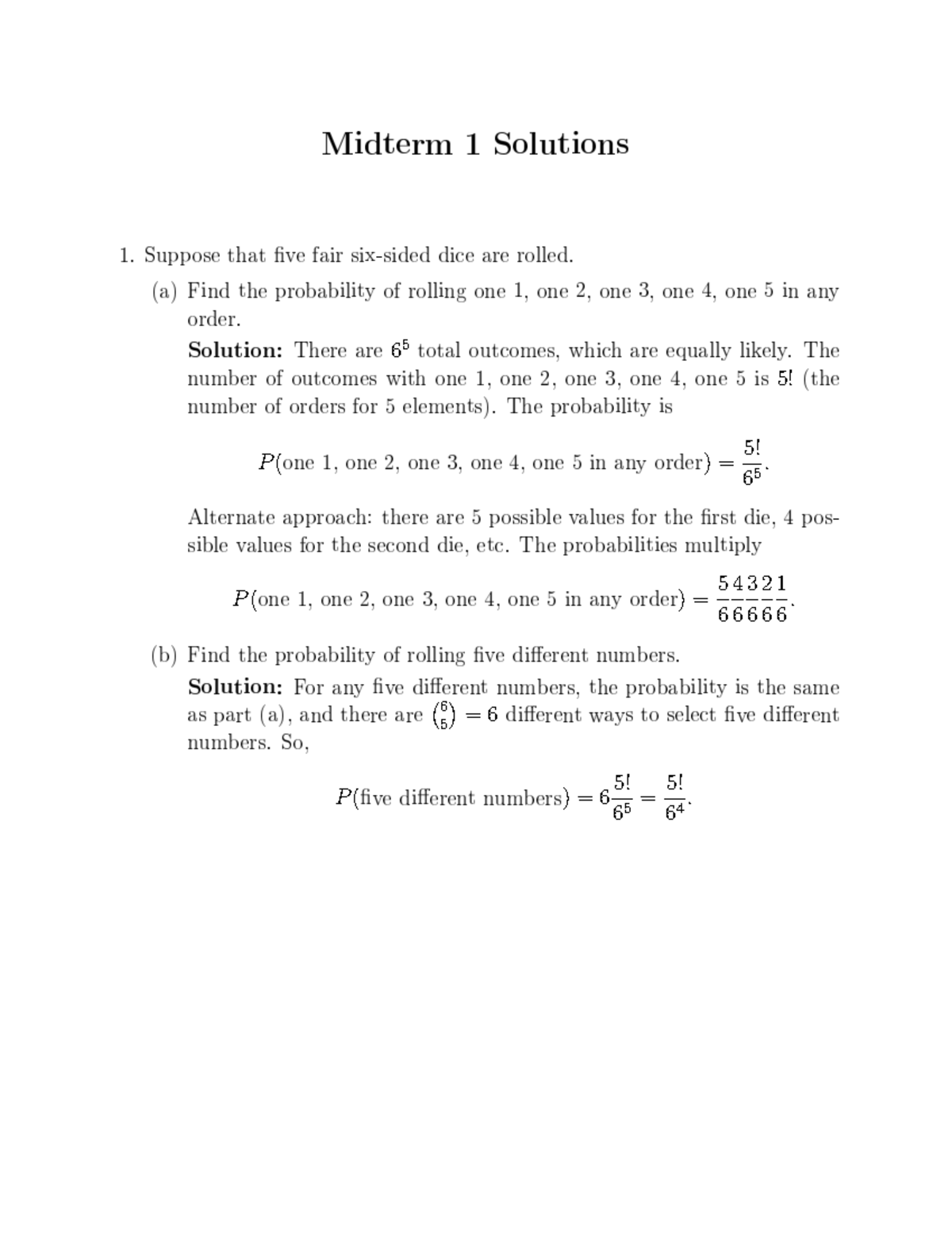 170E Midterm 1Solutions - 65 5! P ( ) = 5! 65 . P ( ) = 5 6 4 6 3 6 2 6 ...