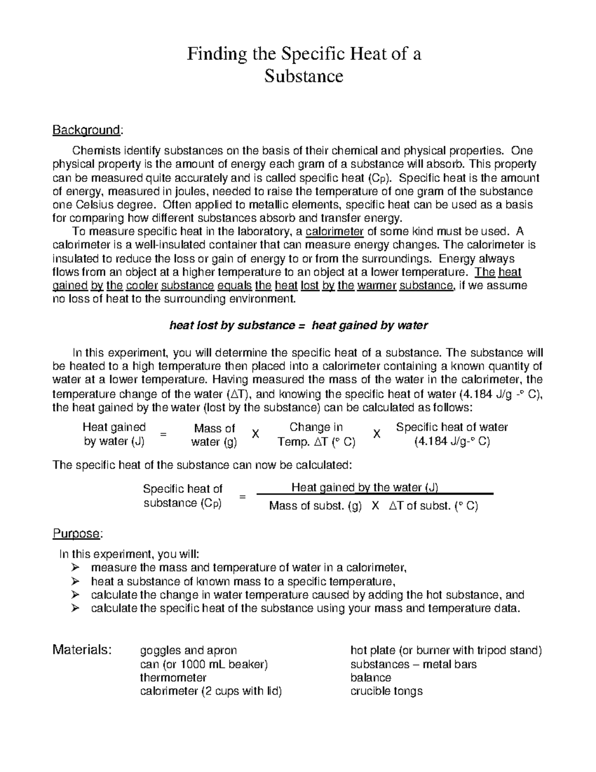 Lab 3-3 Finding the Specific Heat of a Substance - Background: Chemists ...