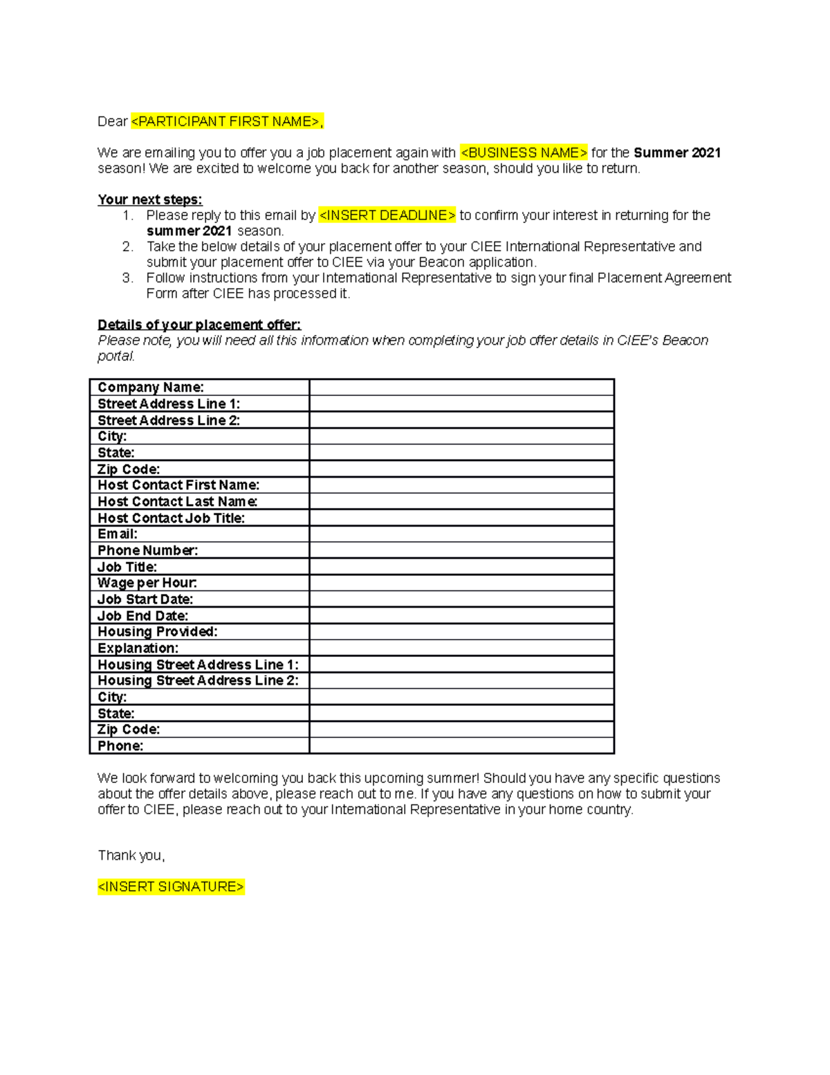 CIEE Returning Participant Offer Email Template - Dear , We are - Studocu