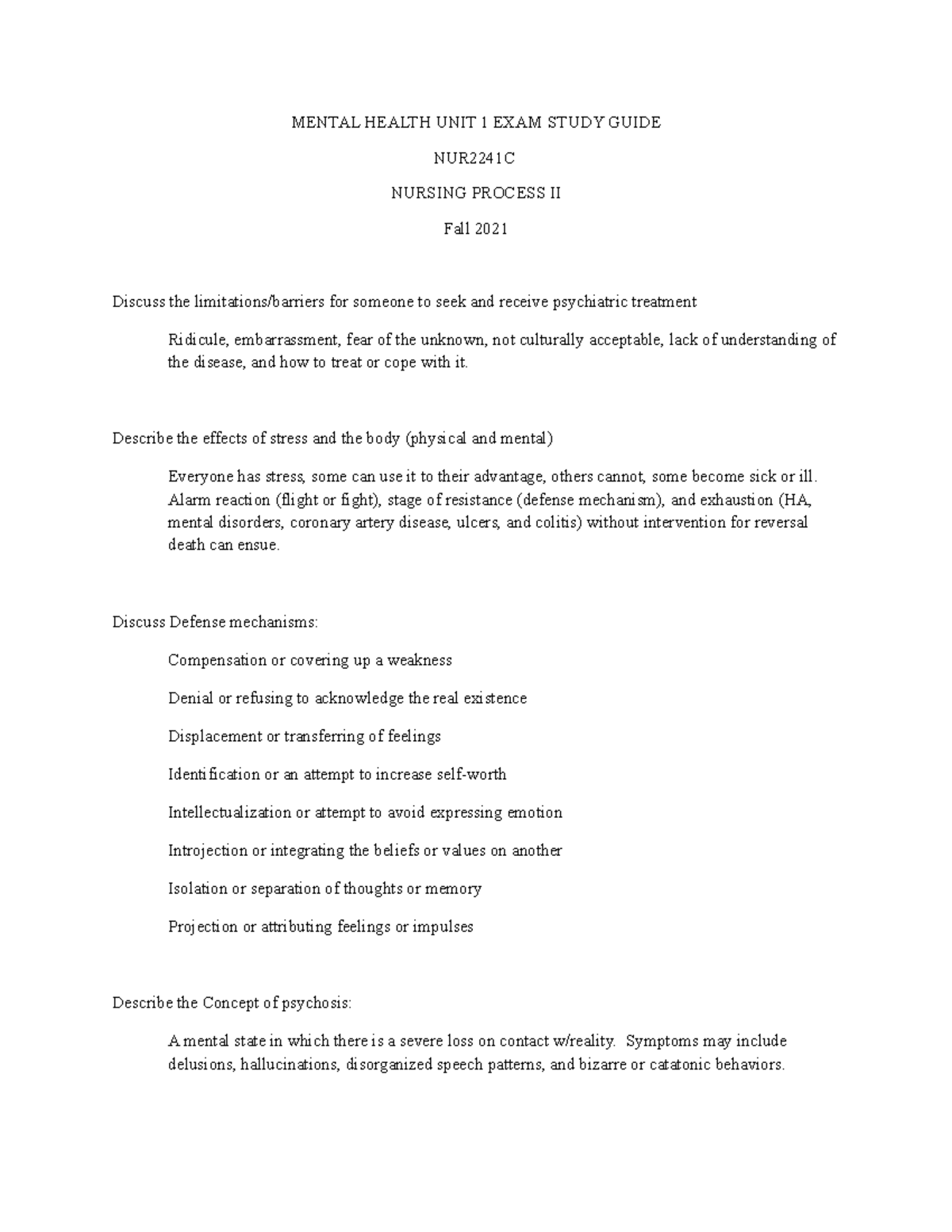 MH UNIT 1 EXAM Study Guide (NUR2241 Fall 2021) - MENTAL HEALTH UNIT 1 ...